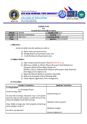 1st QW5M5 - Sample Lesson Plan - Republic of the Philippines JOSE RIZAL ...