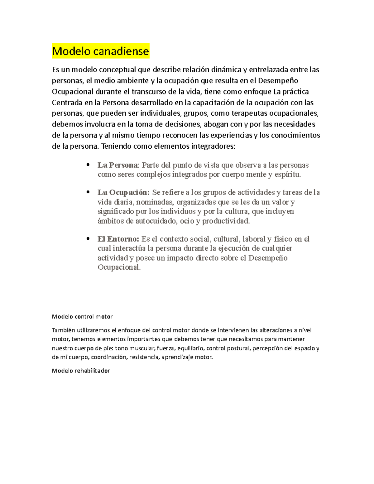 Modelo canadiense - Teniendo como elementos integradores: La Persona: Parte del punto de vista ...