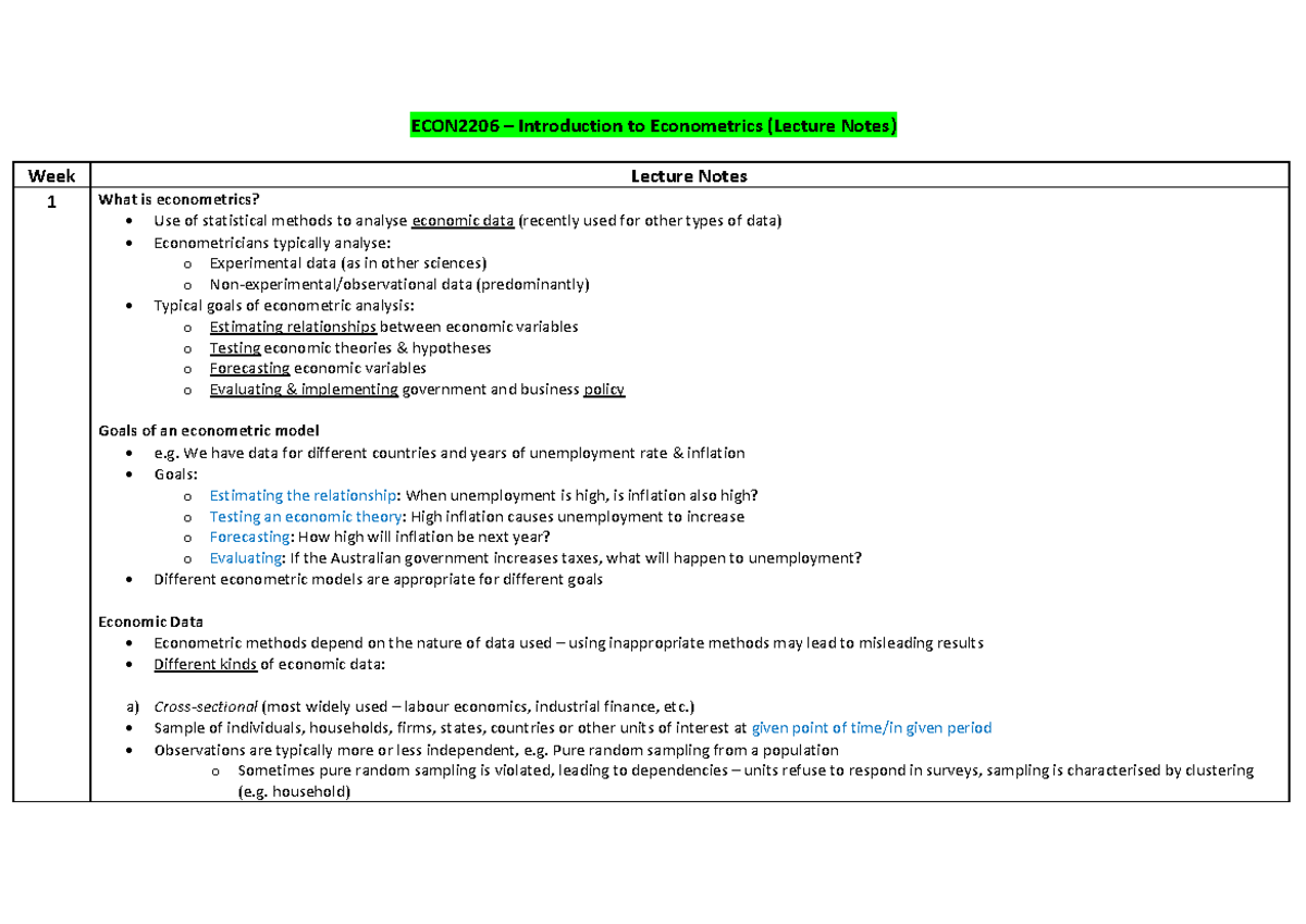 Econ2206 Notes Econ2206 Introduction To Econometrics Lecture