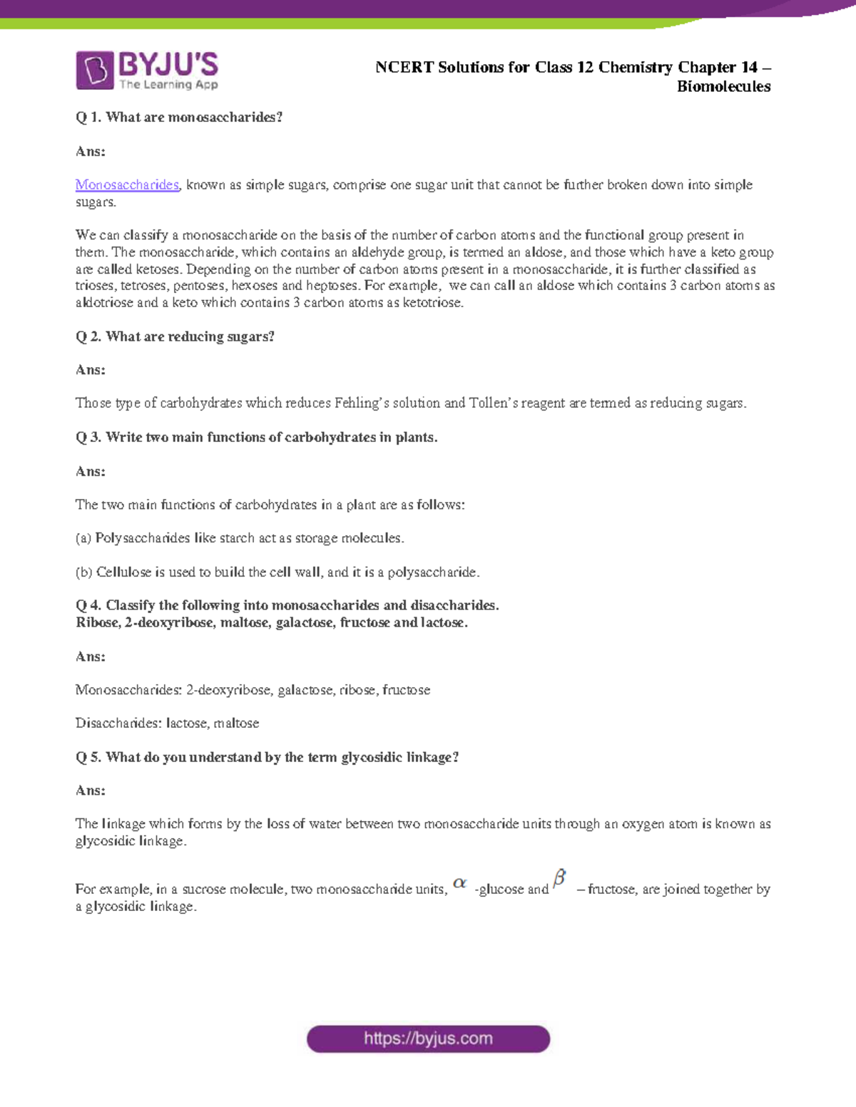 Ncert Solutions for Class 12 Chemistry Chapter 14 Biomolecules ...