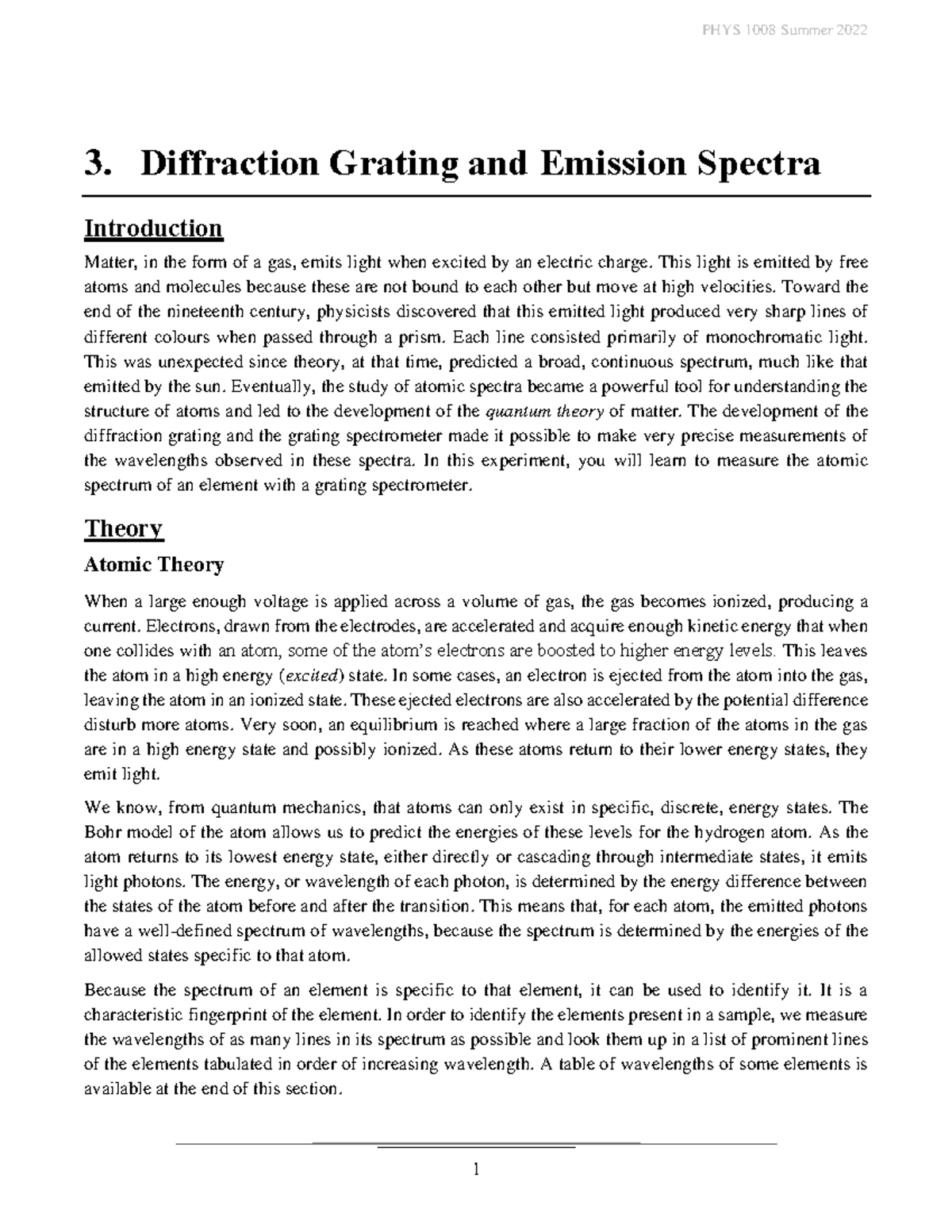 Diffraction Grating Manual - 3. Diffraction Grating and Emission Spectra Introduction Matter, in ...