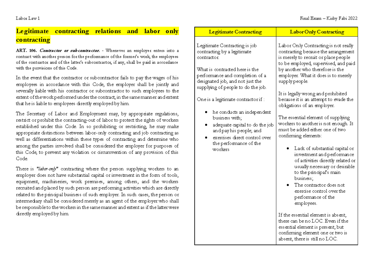 Final-Exam-Notes Labor-Law-1 - Legitimate contracting relations and ...