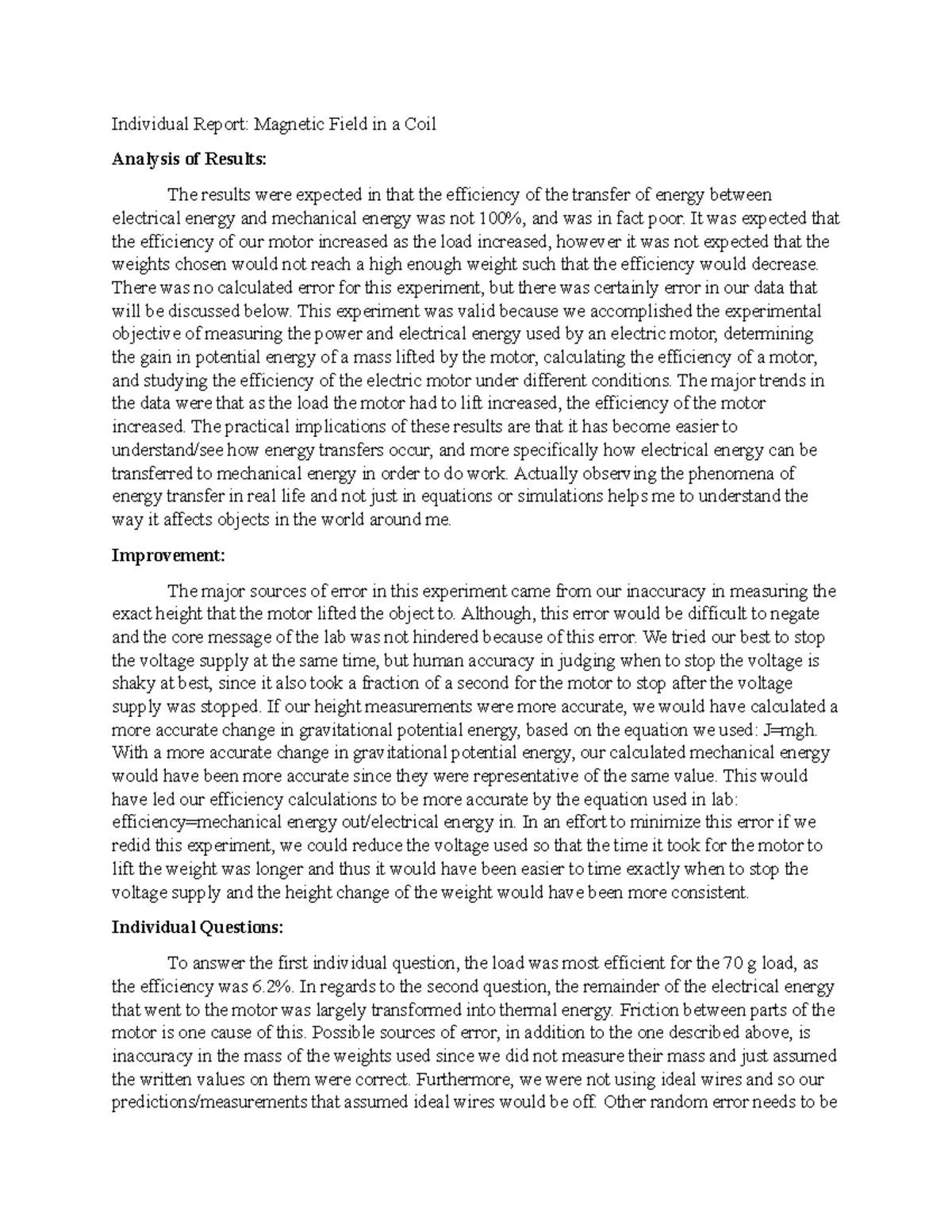 Lab 11 (electrical energy) - Individual Report: Magnetic Field in a ...