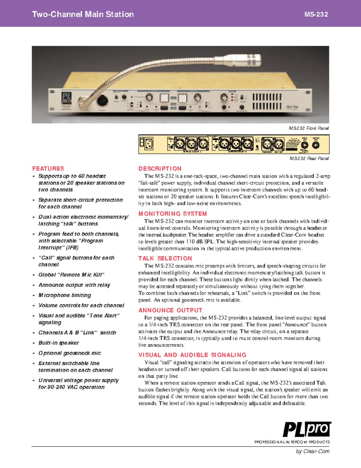 249-MS232Product Specs - DESCRI PTI ON The MS-232 is a one-rack-space ...