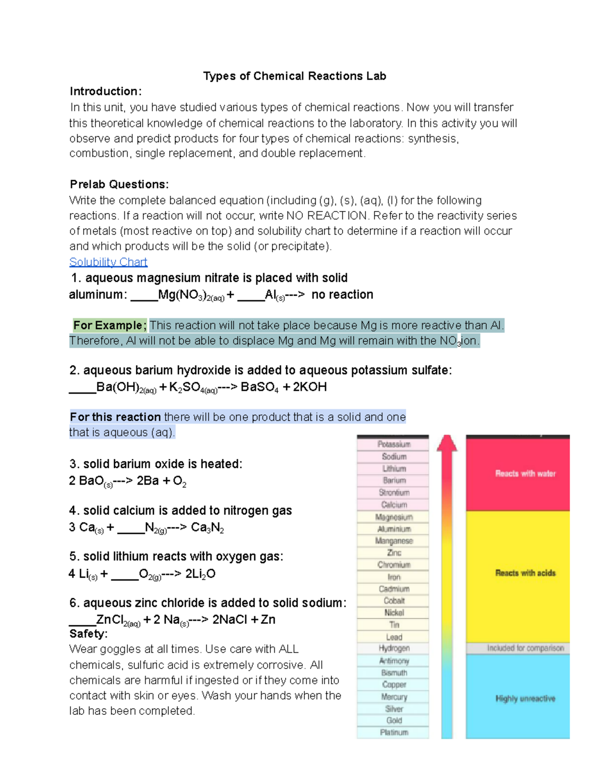 Types of Chemical Reactions Lab (1) - Types of Chemical Reactions Lab ...