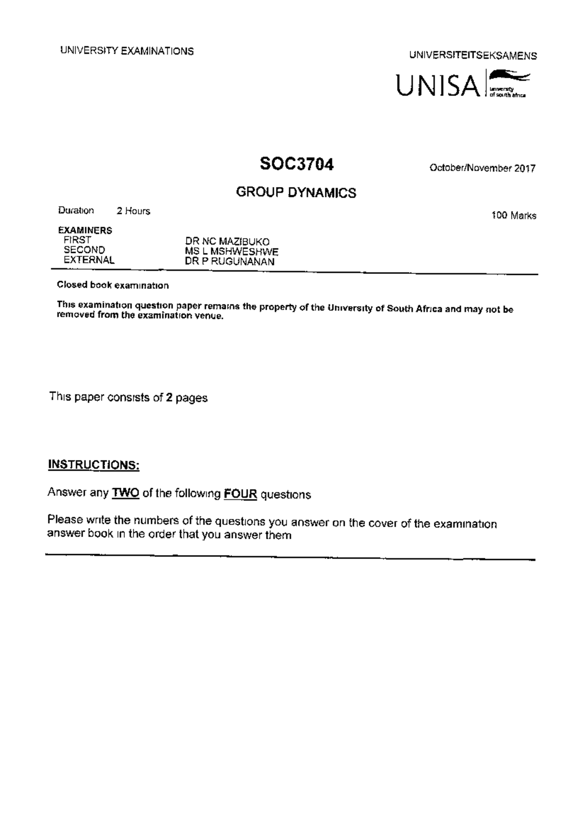SOC3704 2017 10 E 1 - SOC3704 - Studocu