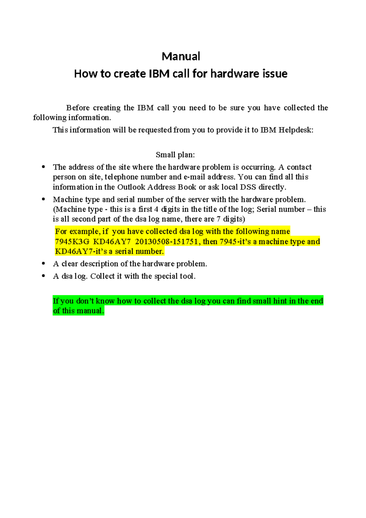 TCCC - Documentation - Creation of IBM call - Manual How to create IBM ...