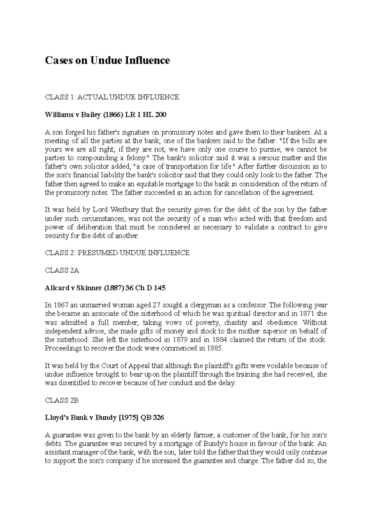 Cases on Undue Influence - Cases on Undue Influence CLASS 1: ACTUAL ...