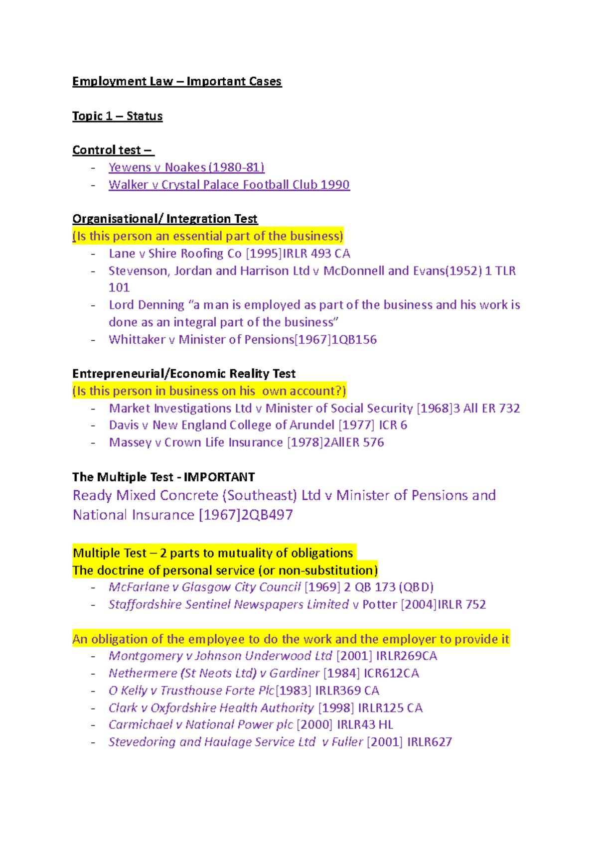 Employment Law - Important Cases for topic 1 - Employment Law ...