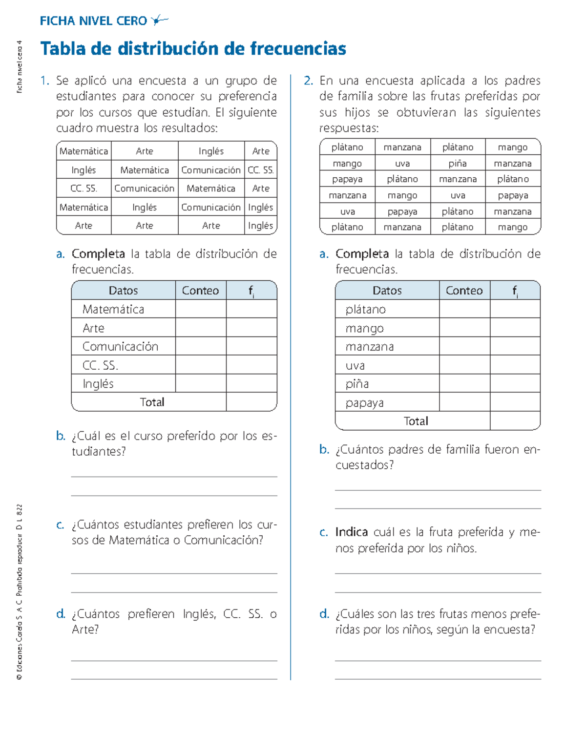 F0 Tabla de distribución de frecuencias - Ficha nivel cero 4 © Ediciones Corefo S. A. C ...