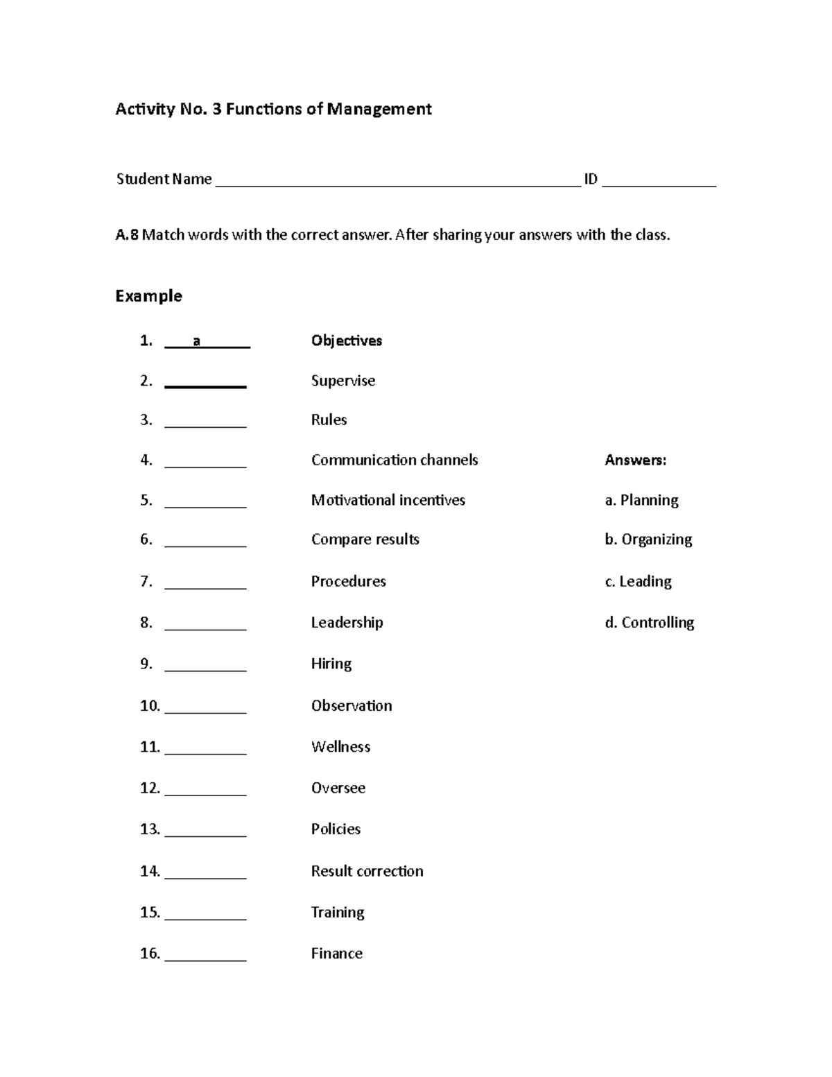 Activity No 3 - practica - Activity No. 3 Functions of Management ...