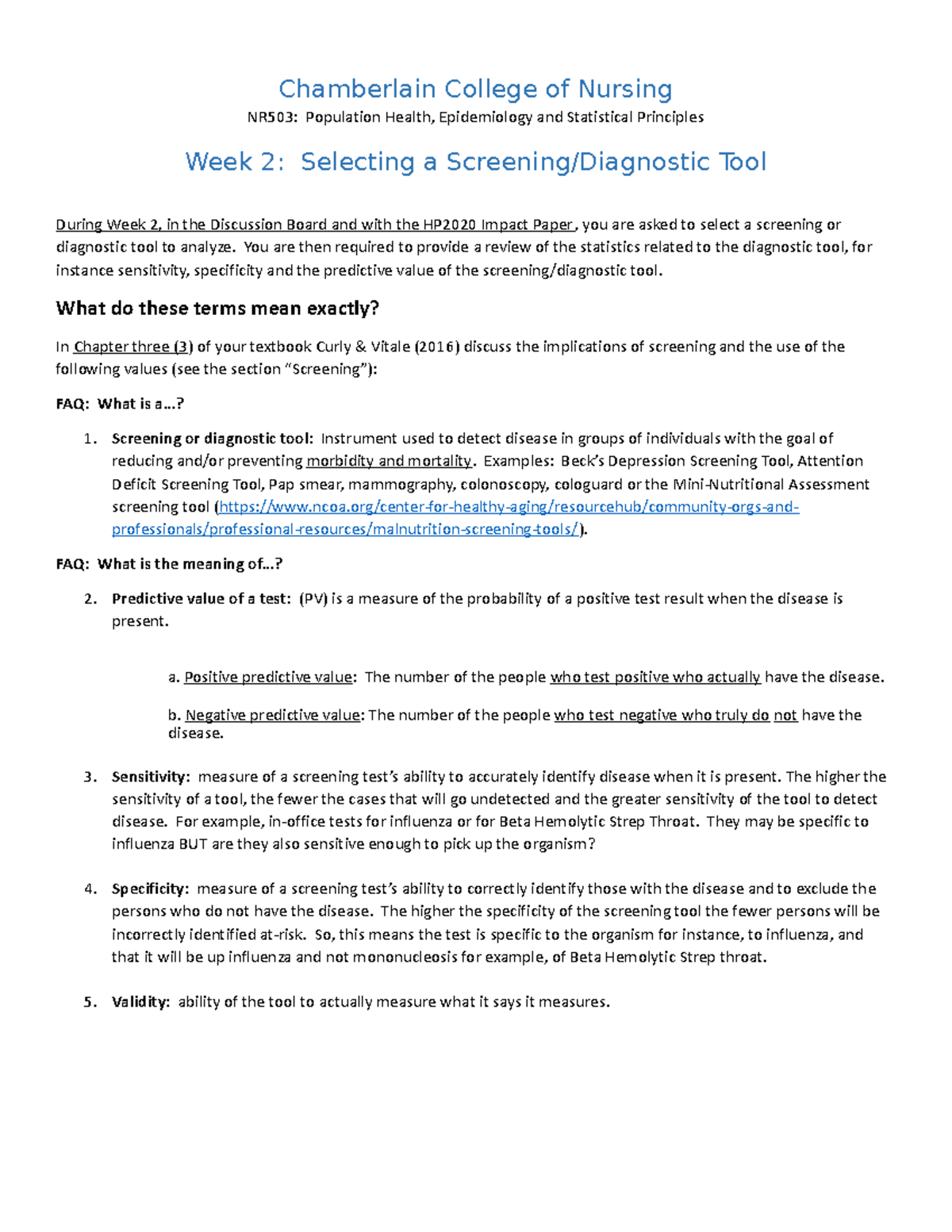 NR503 Week 2 Screening Diagnostic Tool FAQ Doc - Chamberlain College of Nursing NR503 ...