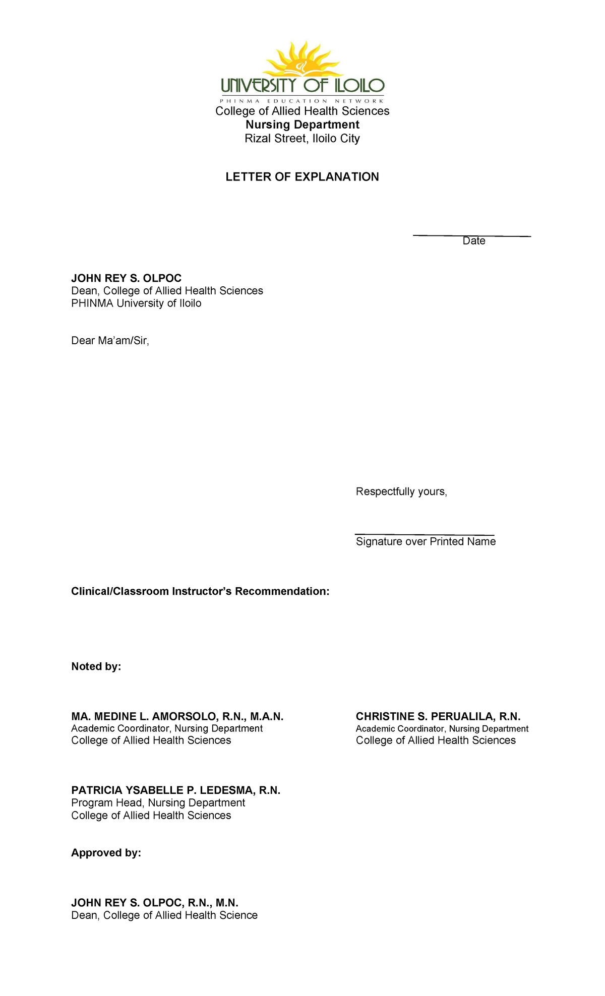 LE- Format- Lecture - Letter of explanation - College of Allied Health ...