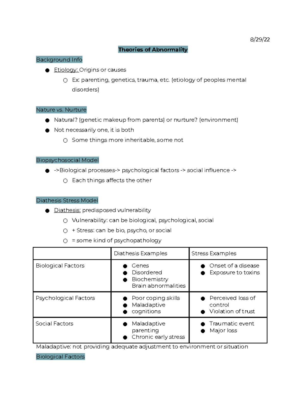 Theories of Abnormality - 8/29/ Theories of Abnormality Background Info ...