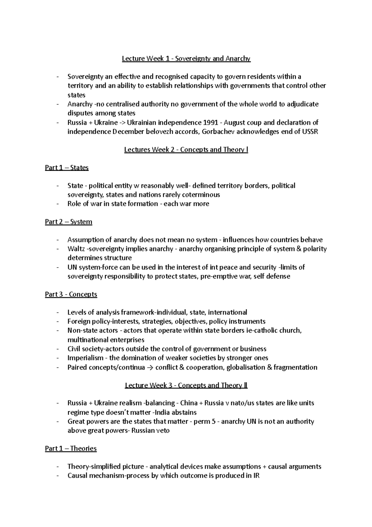 POLS Lecture Notes - Lecture Week 1 - Sovereignty and Anarchy ...