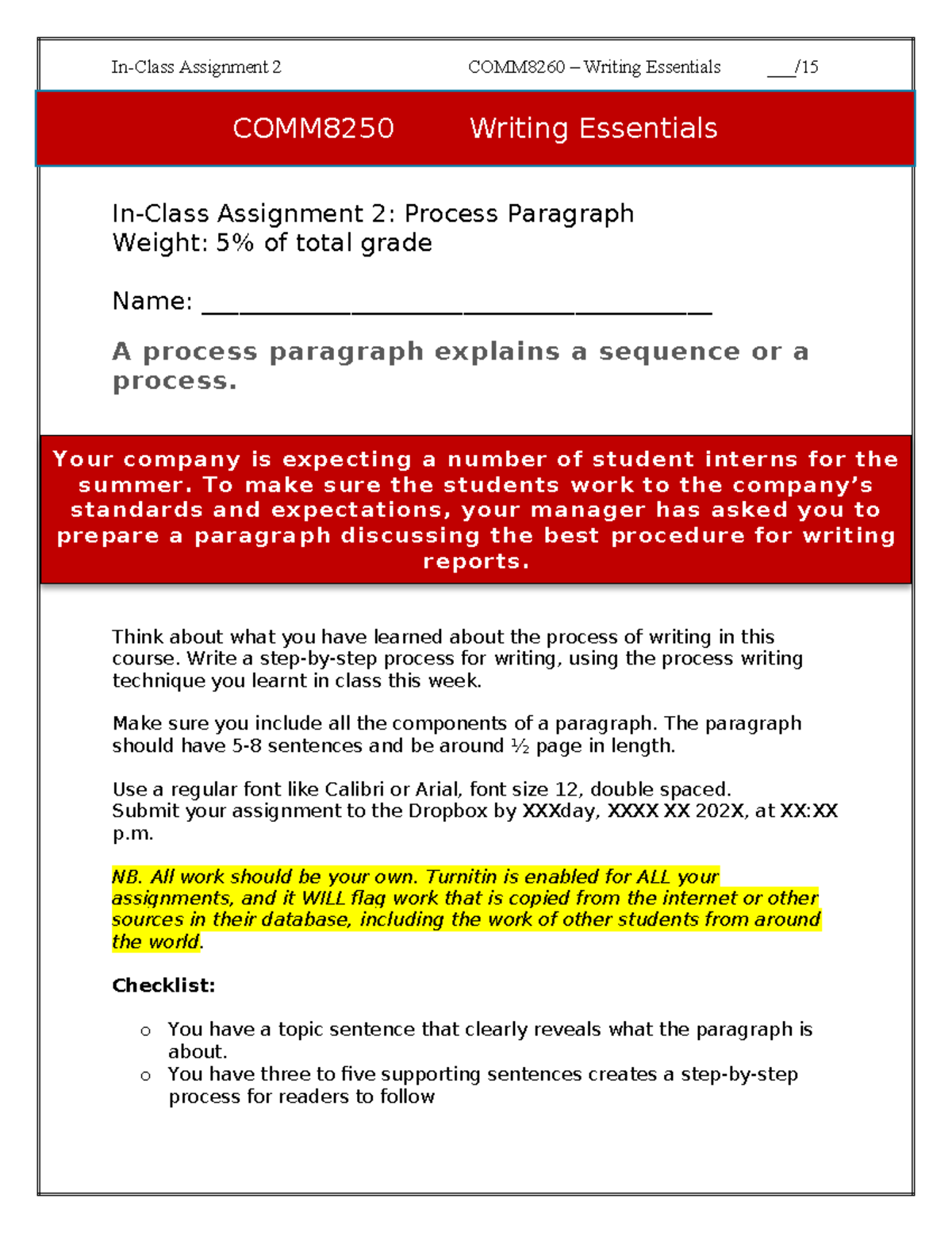 In-Class Assignment 2 Process Paragraph 2021 - In-Class Assignment 2 ...
