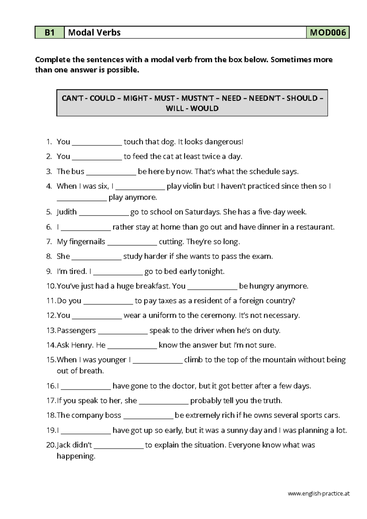 Modal Verbs - PDF Grammar Worksheet - B1 - MOD006 - english-practice B1 ...