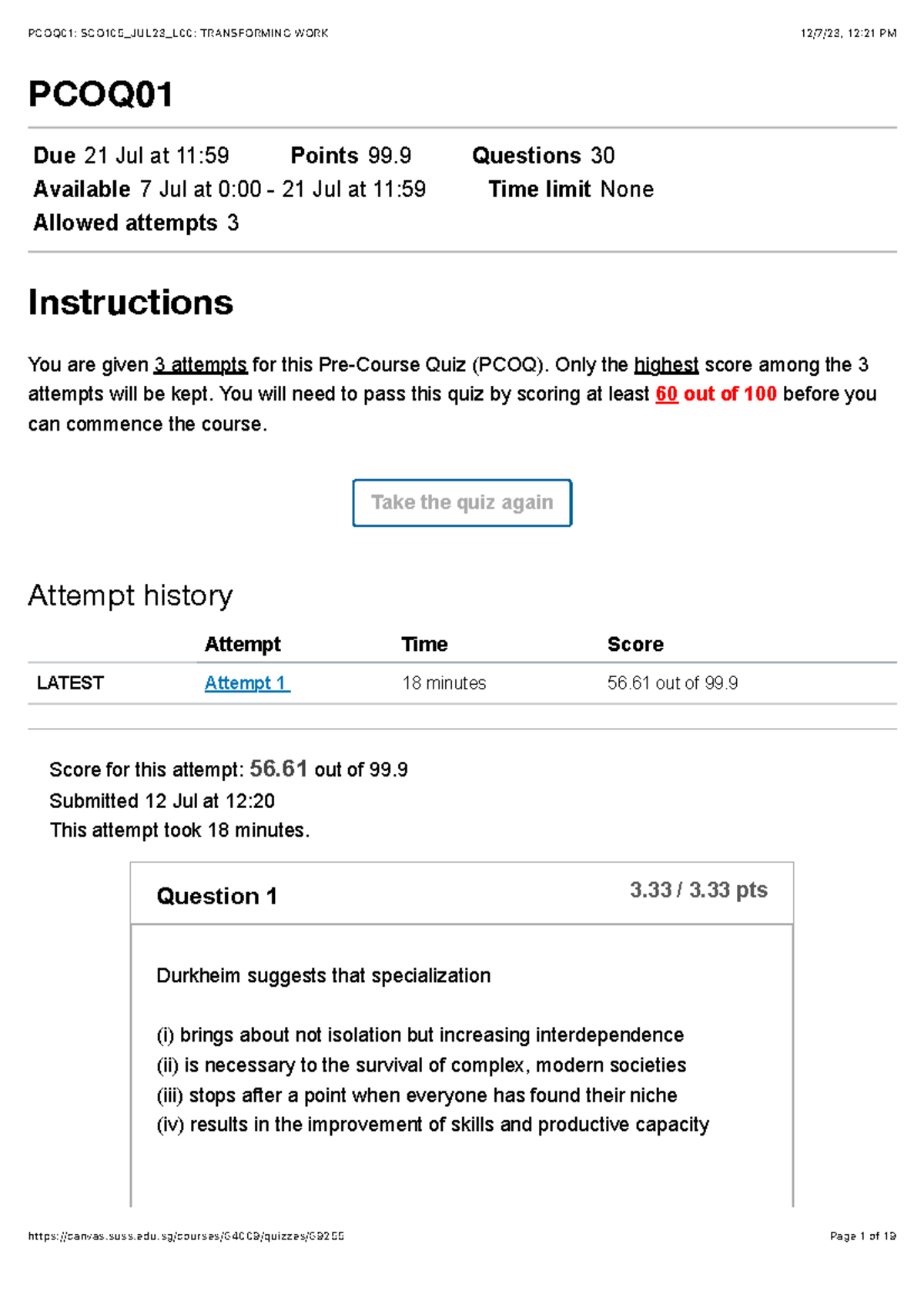 SCO105 PCOQ - Pre-course quiz - PCOQ Due 21 Jul at 11:59 Points 99 ...