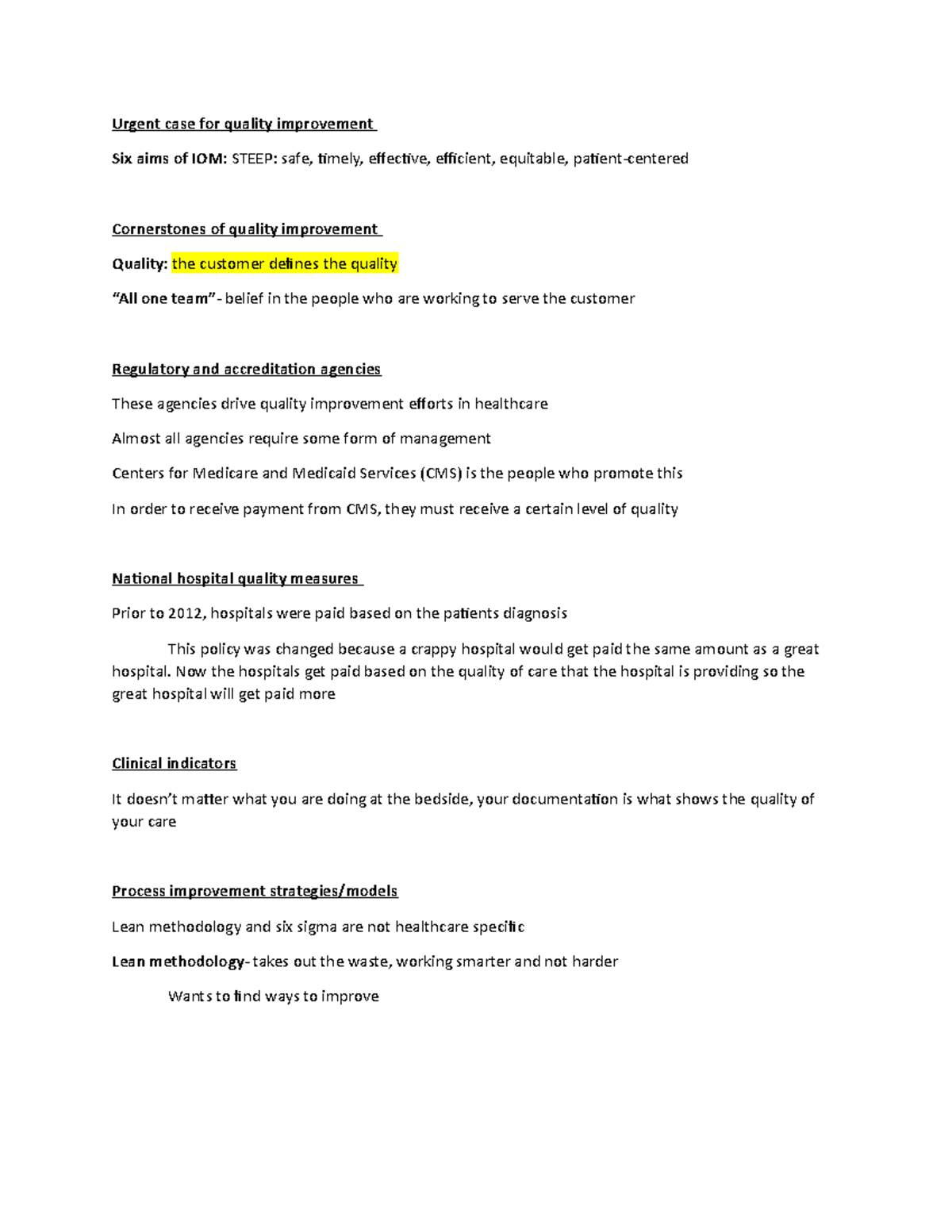Optional class notes - exam 3 - Urgent case for quality improvement Six ...