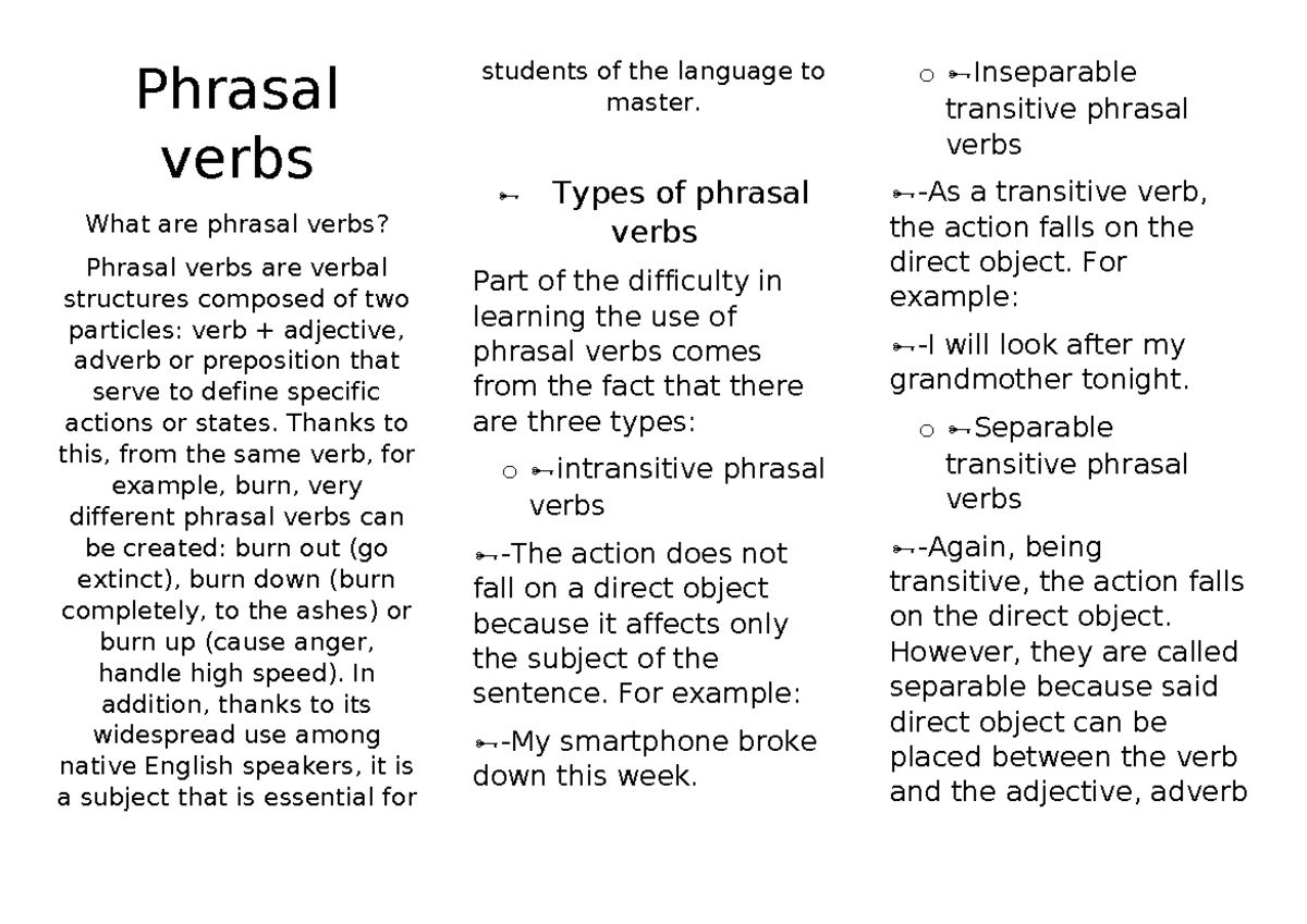 Phrasal verbs and types - Phrasal verbs What are phrasal verbs? Phrasal ...