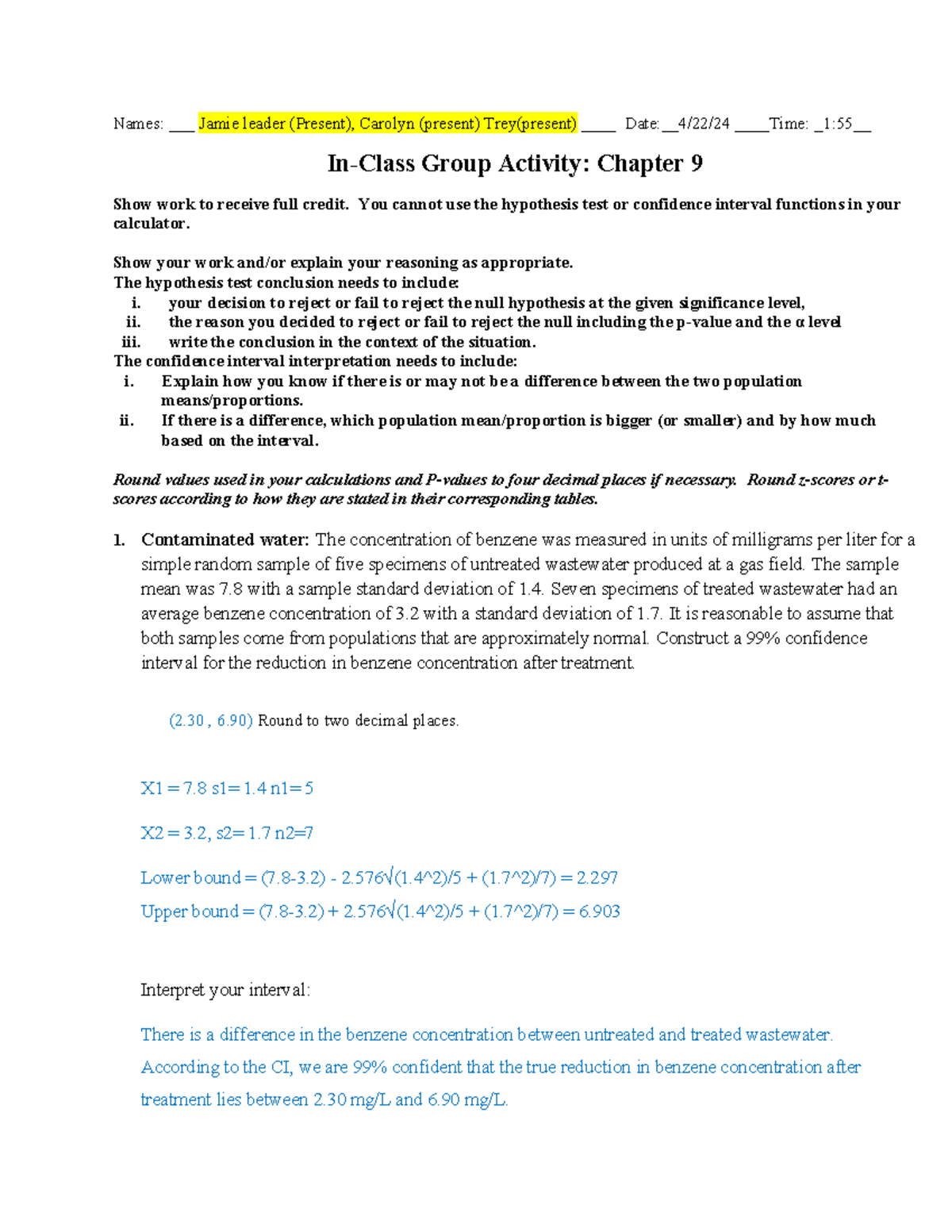 Completed Group activity 9 - Names: ___ Jamie leader (Present), Carolyn ...