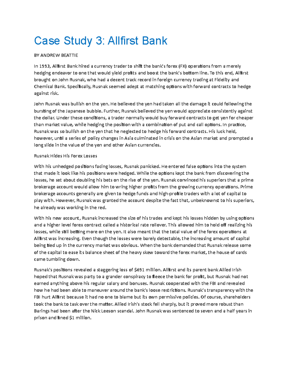 Case Study 3 - Allfirst Bank - Case Study 3: Allfirst Bank BY ANDREW ...