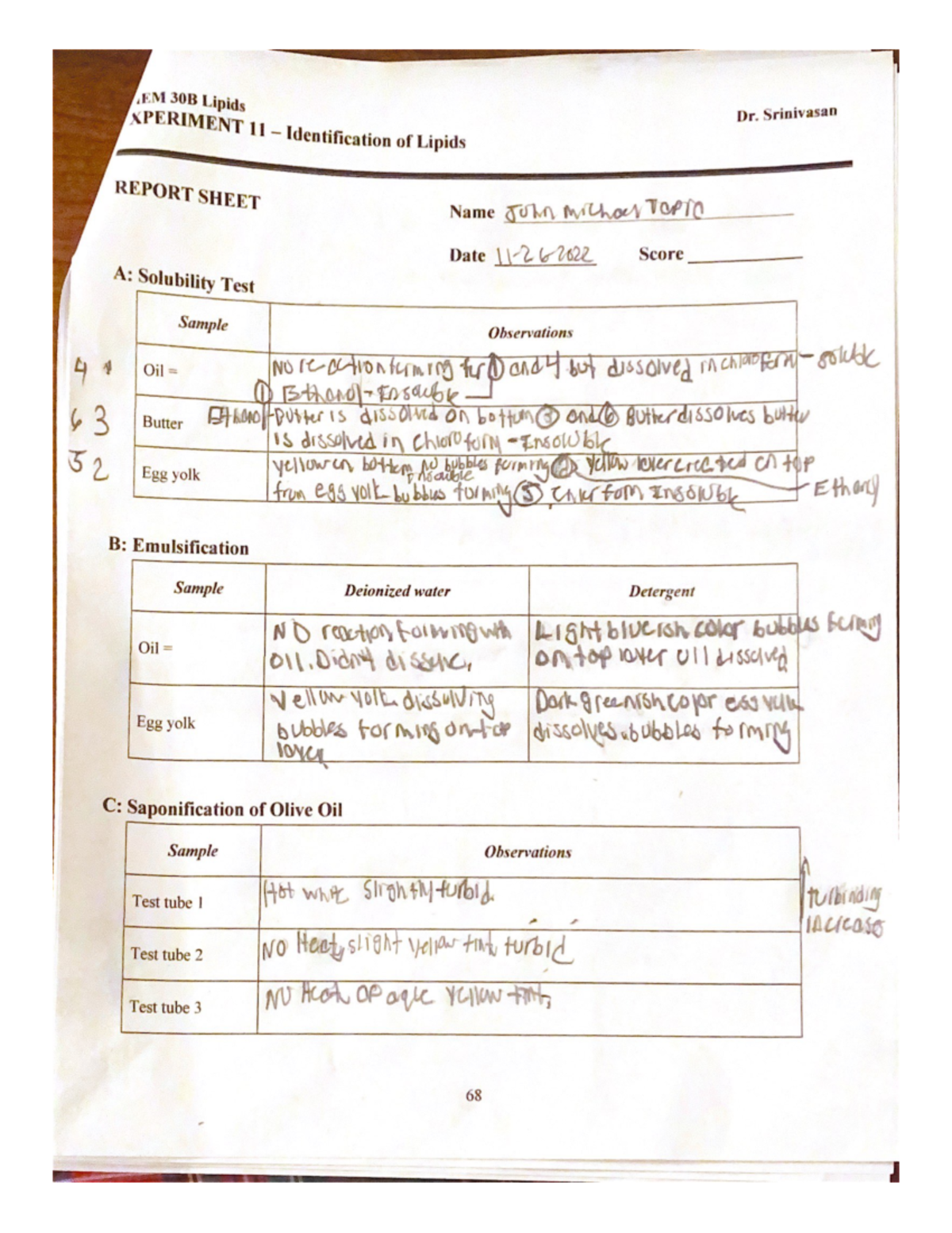 Experiment 11 Identification Of Lipids Lab Report - Dr. Srinivasan ...
