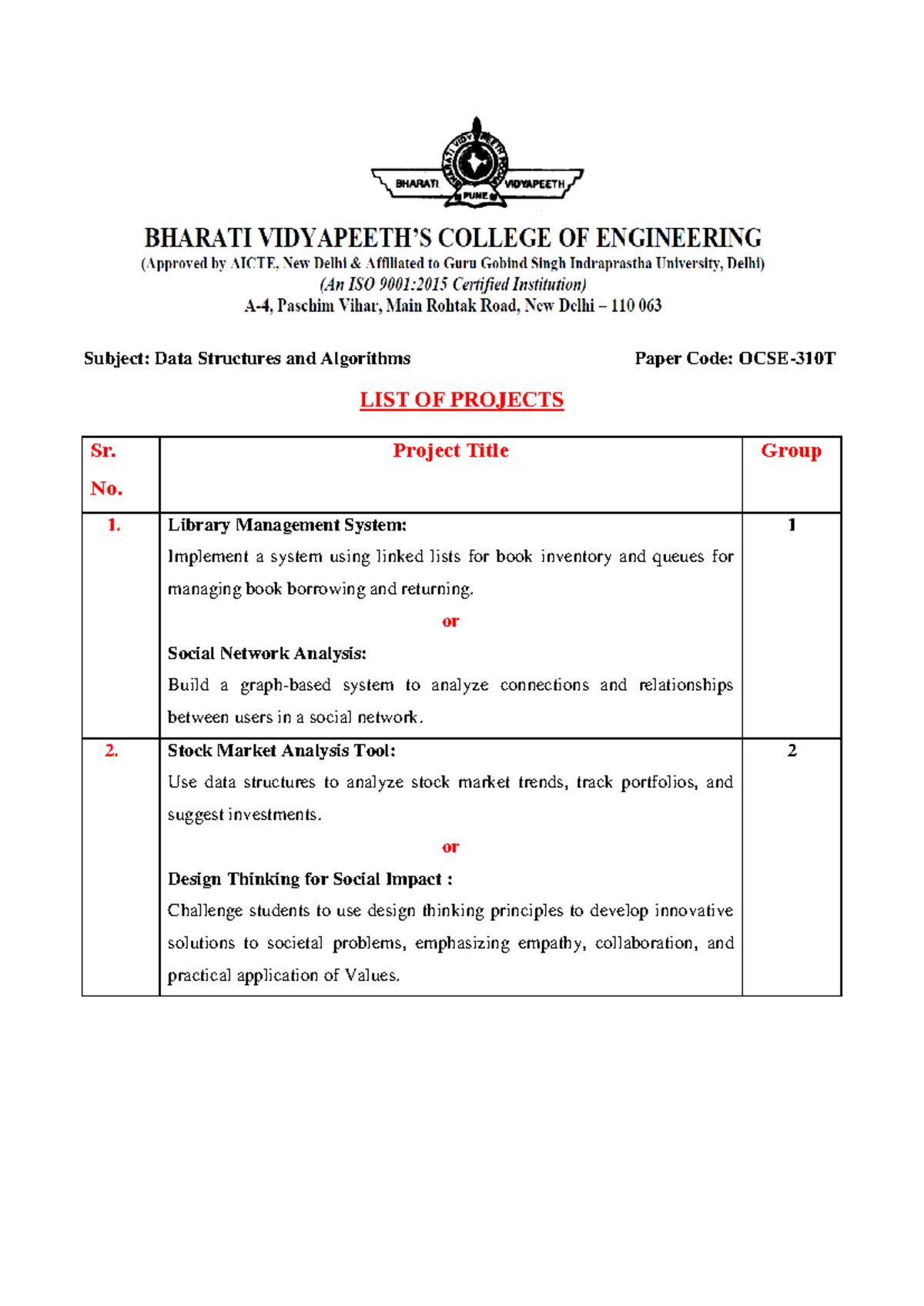 DSA list of Projects - good - Subject: Data Structures and Algorithms ...