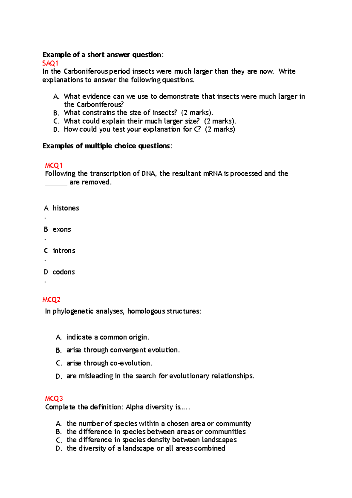 Sample - Example of a short answer question: SAQ In the Carboniferous ...