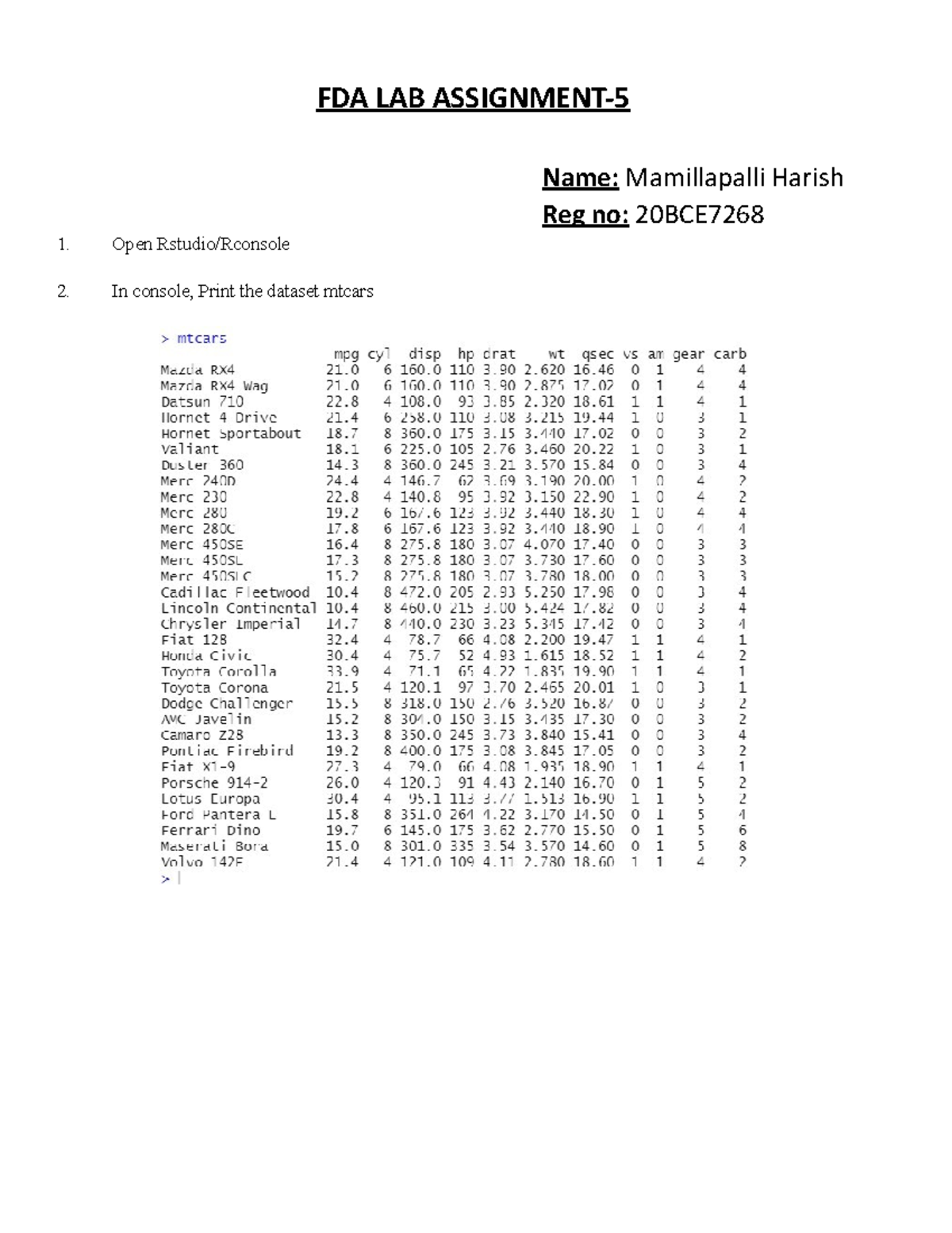 Fda lab5 - lab assignments - FDA LAB ASSIGNMENT- Name: Mamillapalli Harish Reg no: 20BCE 1. Open ...