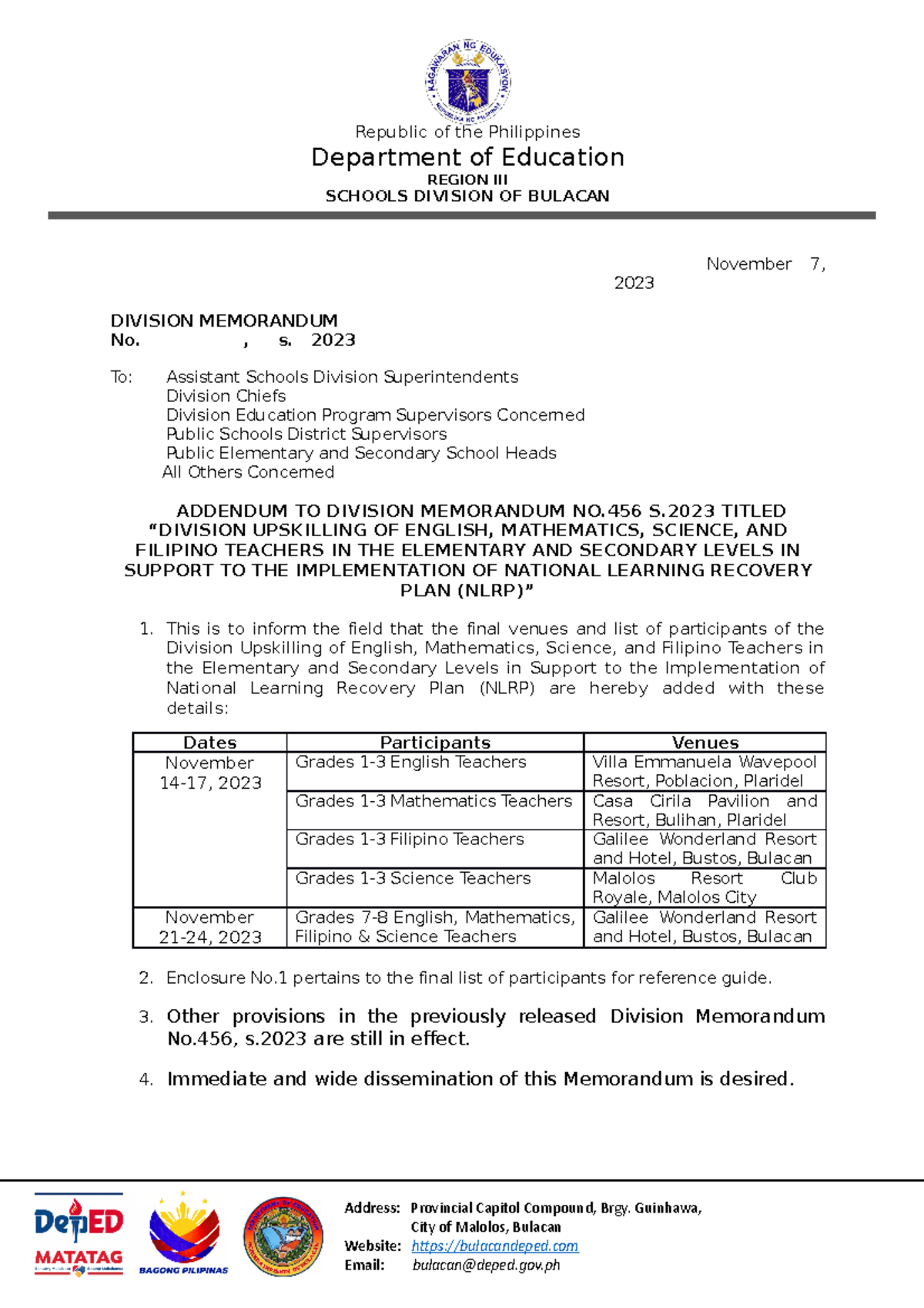 Addendum MEMO Upskilling NLRP - Department of Education REGION III ...
