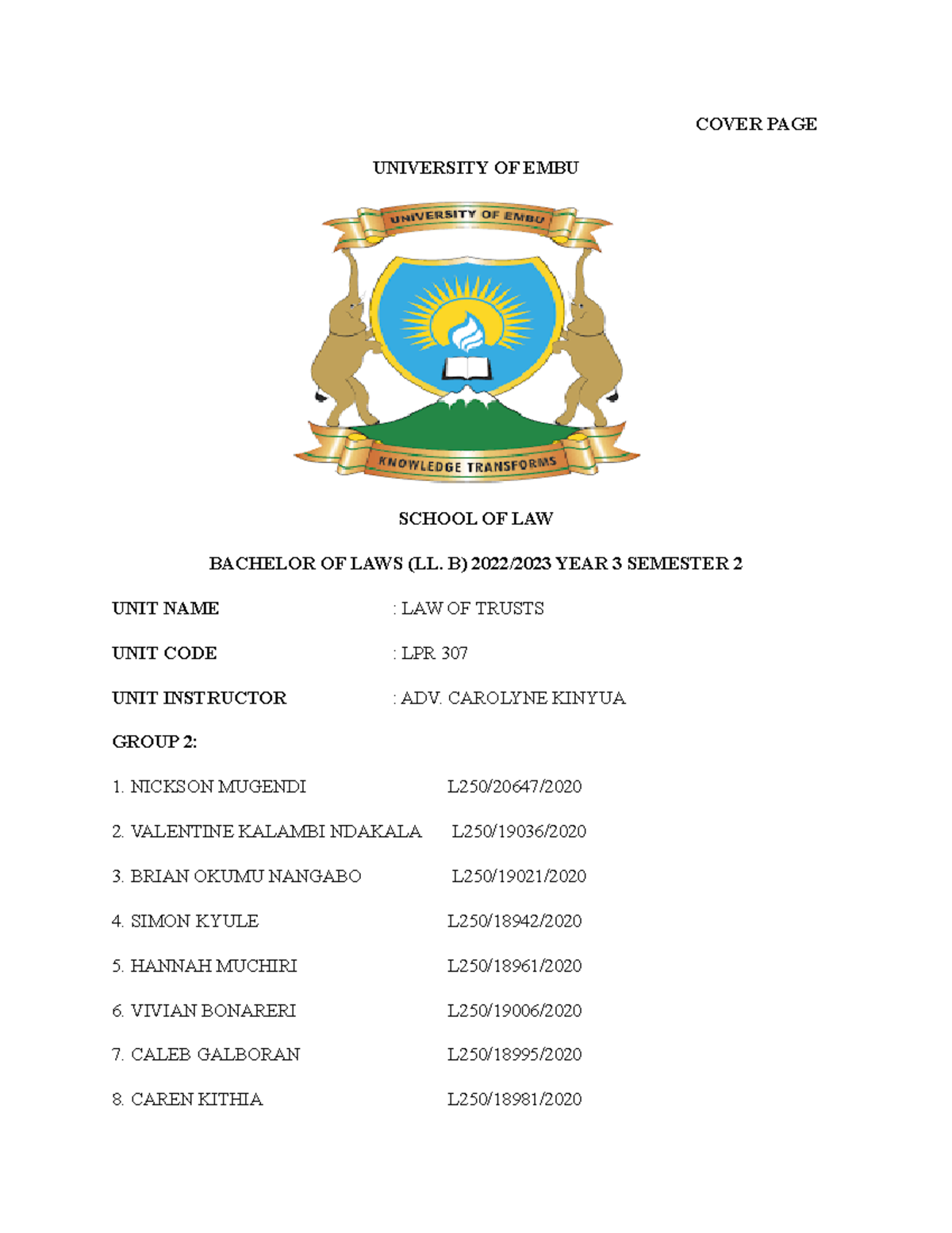 Law of Trusts Group 2 (1)-kalambi - COVER PAGE UNIVERSITY OF EMBU ...