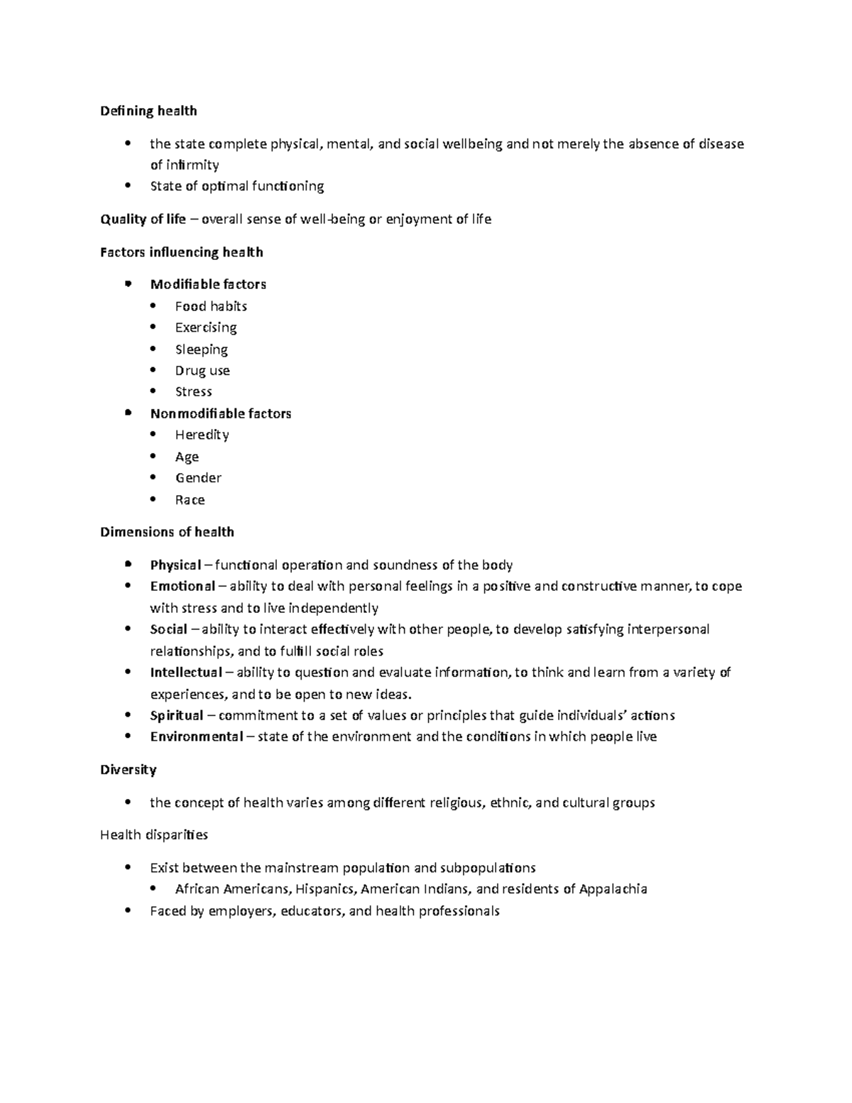 Health 216 notes - Professor Eric Brubaker - Defining health the state ...