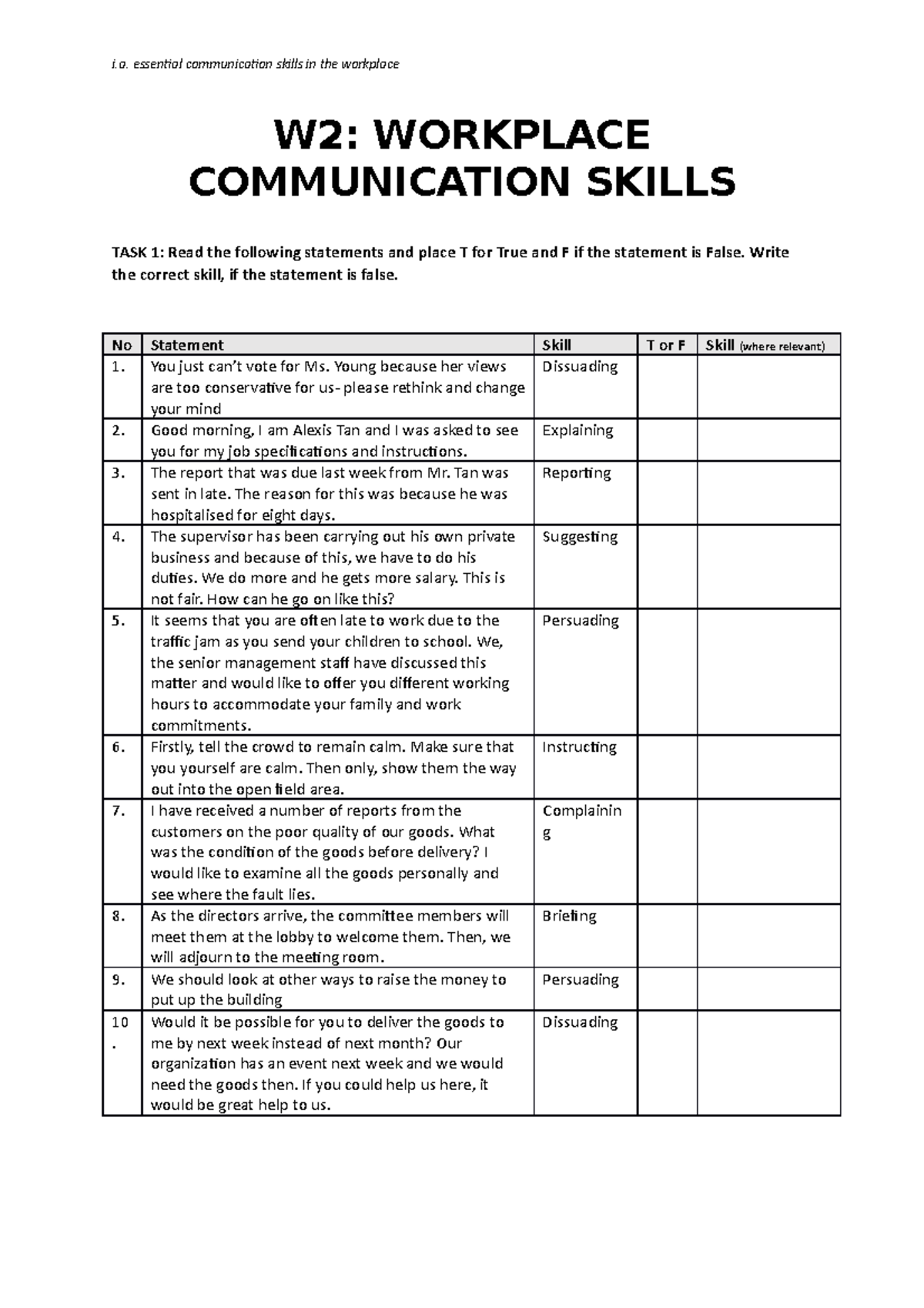 W2 exercise workplace communication skills (WEEK 2) - W2: WORKPLACE ...