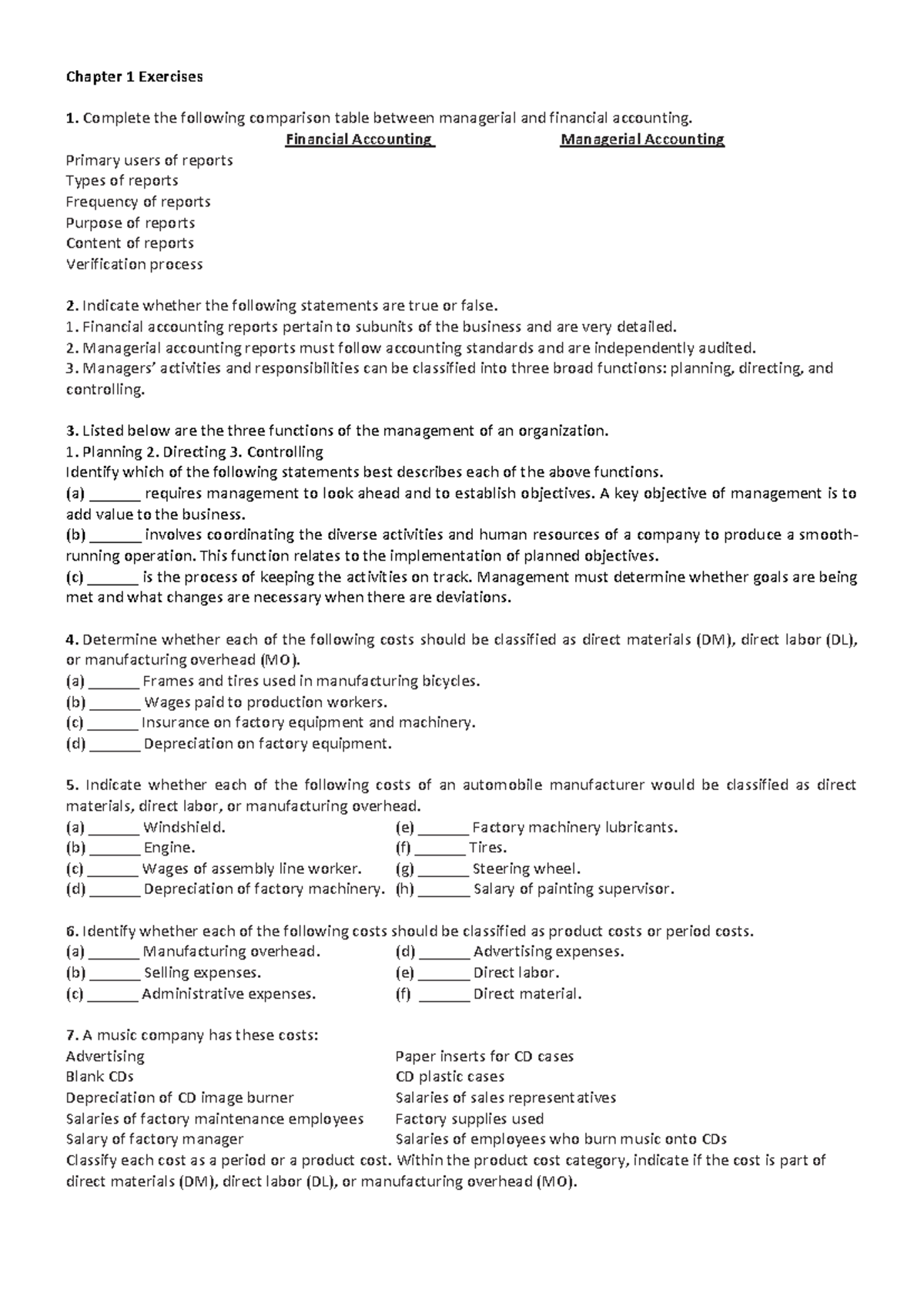Chapter 1 Examples - Chapter 1 Exercises Complete the following ...