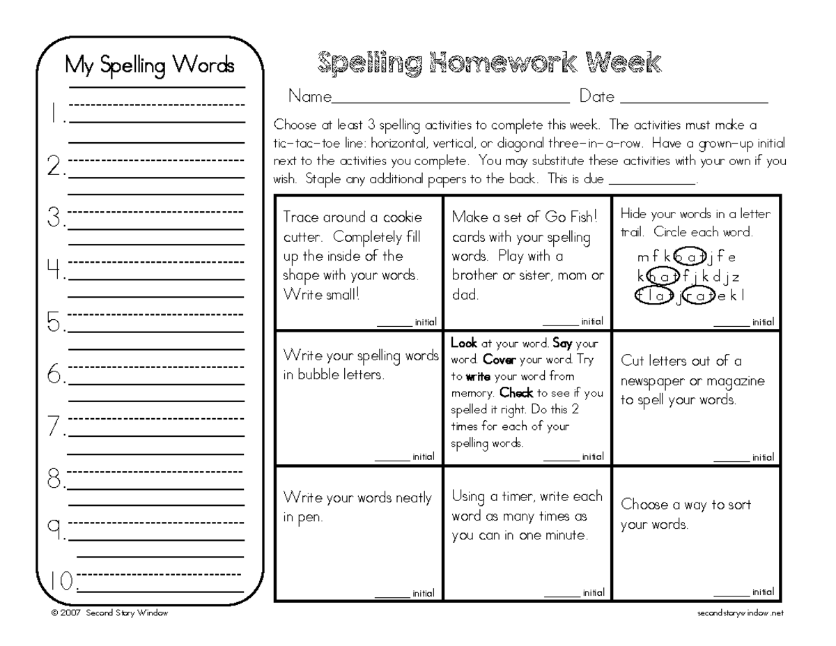Spelling tic tac toe week 4 - Spelling Homework Week Name ...