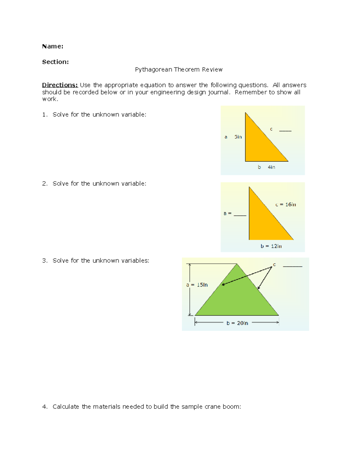 Pythagreon Review - Name: Section: Pythagorean Theorem Review ...