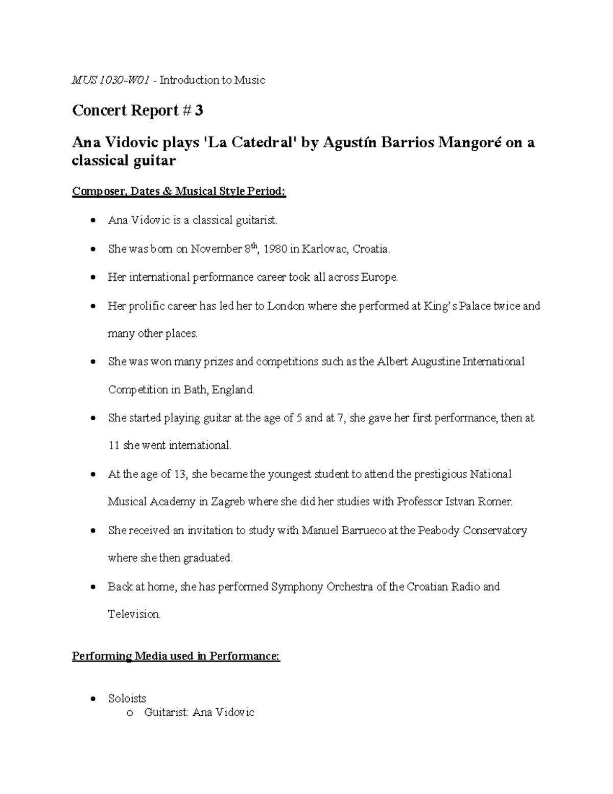 Concert Report 3 - This document for any chosen video for intro to ...