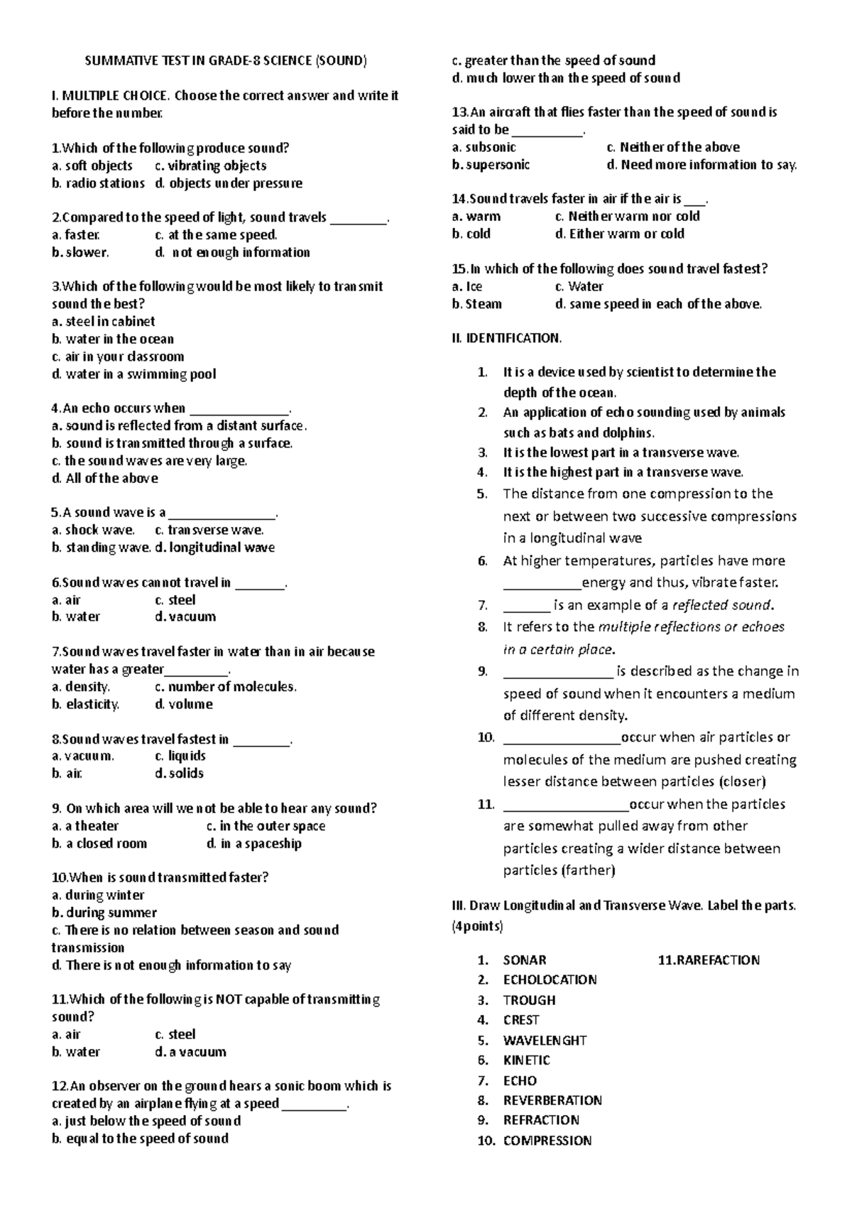 Summative TEST IN Grade-8 - SUMMATIVE TEST IN GRADE-8 SCIENCE (SOUND) I ...