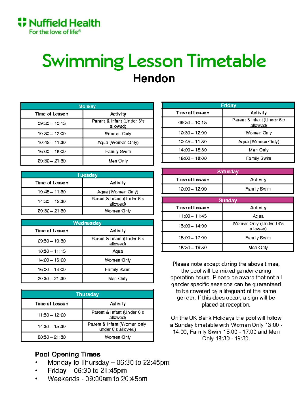 Hendon-swimming-timetable - Monday Time of Lesson Activity 09:30 – 10: ...