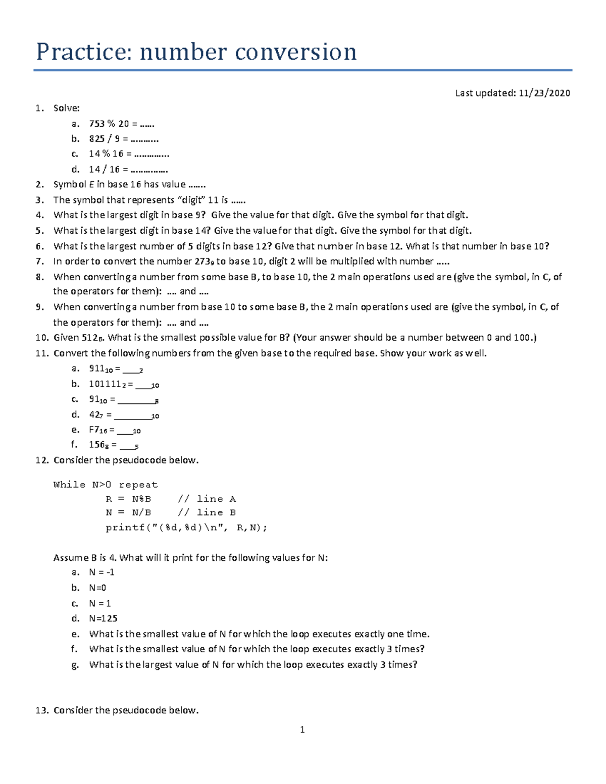 Number conversion practice - 1 Practice: number conversion Last updated ...