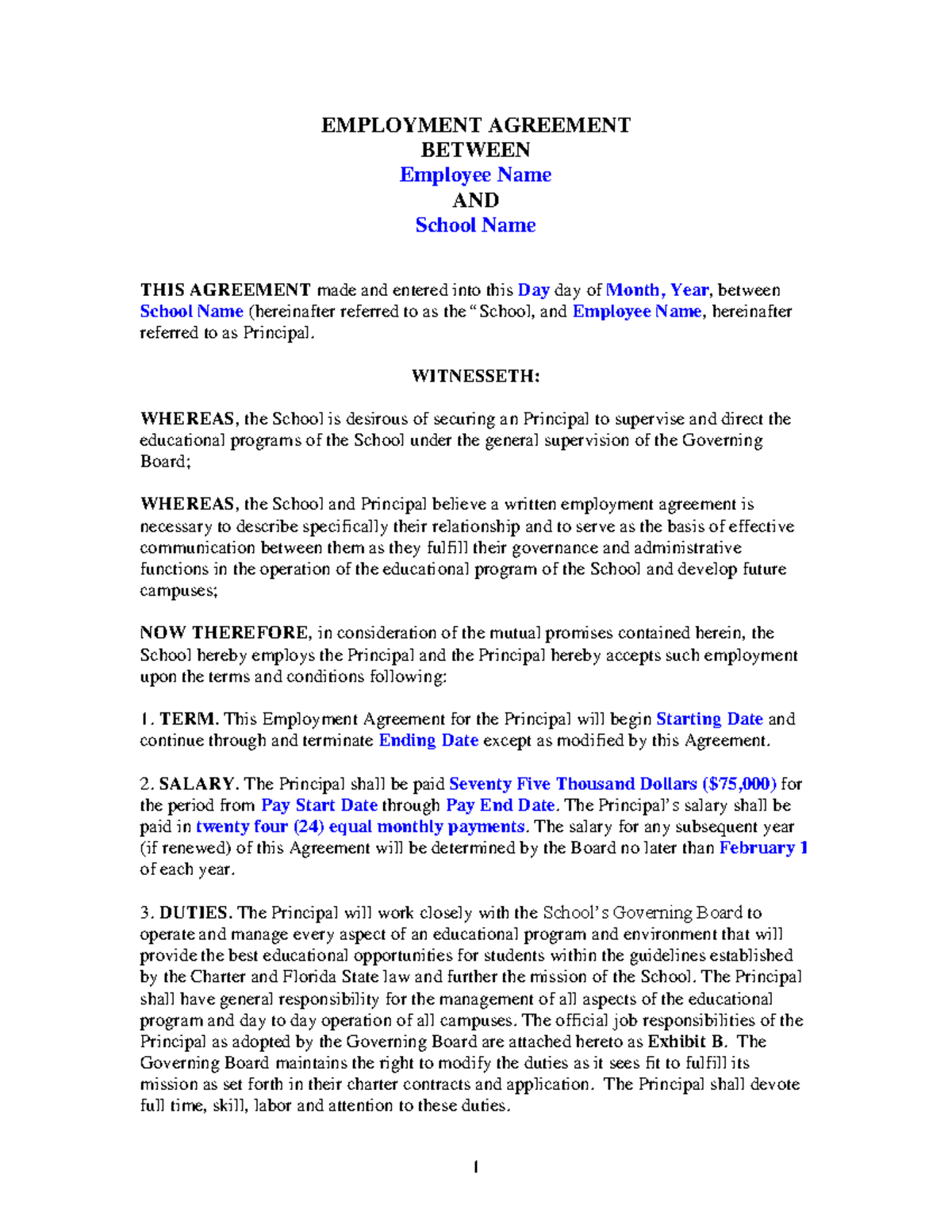 Sample Principal Contract - EMPLOYMENT AGREEMENT BETWEEN Employee Name ...