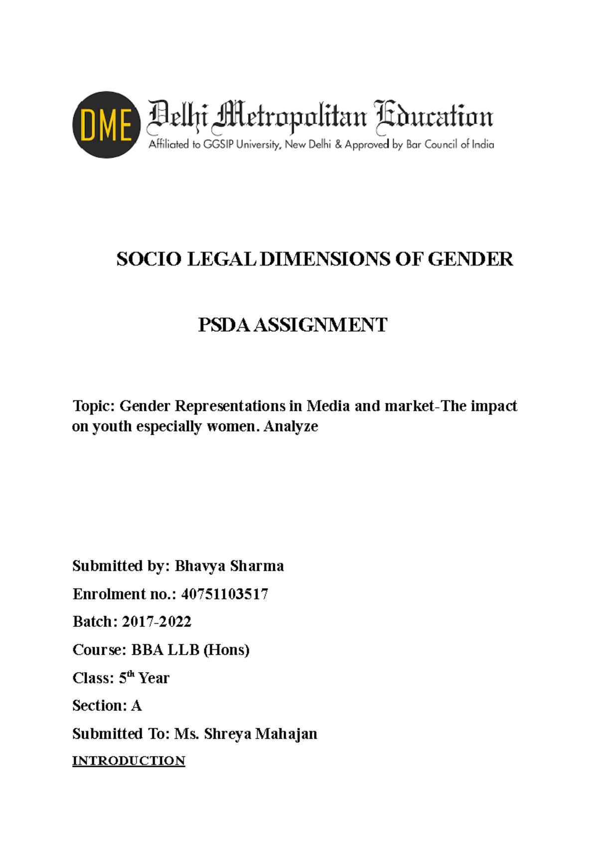 Gender psda - SOCIO LEGAL DIMENSIONS OF GENDER PSDA ASSIGNMENT Topic ...