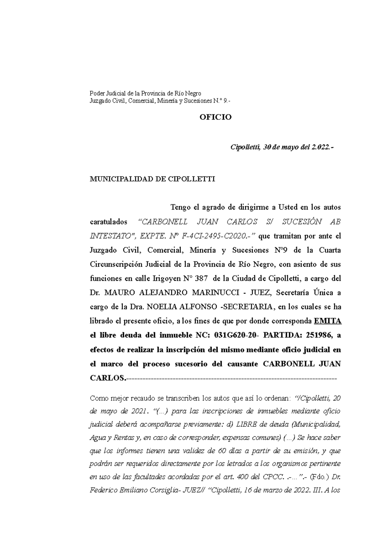 Oficio Informativo-Municipalidad de Cipolletti..doc - Poder Judicial de ...