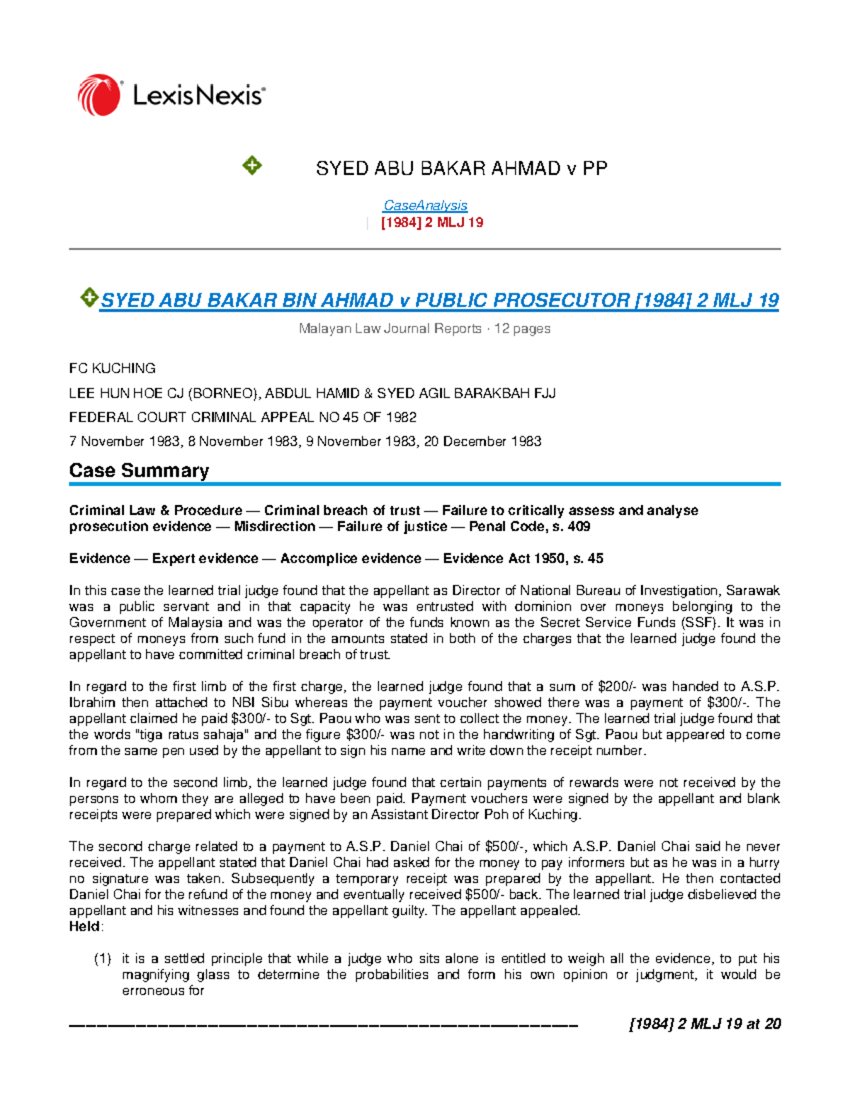 SYED ABU Bakar BIN Ahmad v Public Prosecutor, [1984] 2 - SYED ABU BAKAR AHMAD v PP CaseAnalysis ...