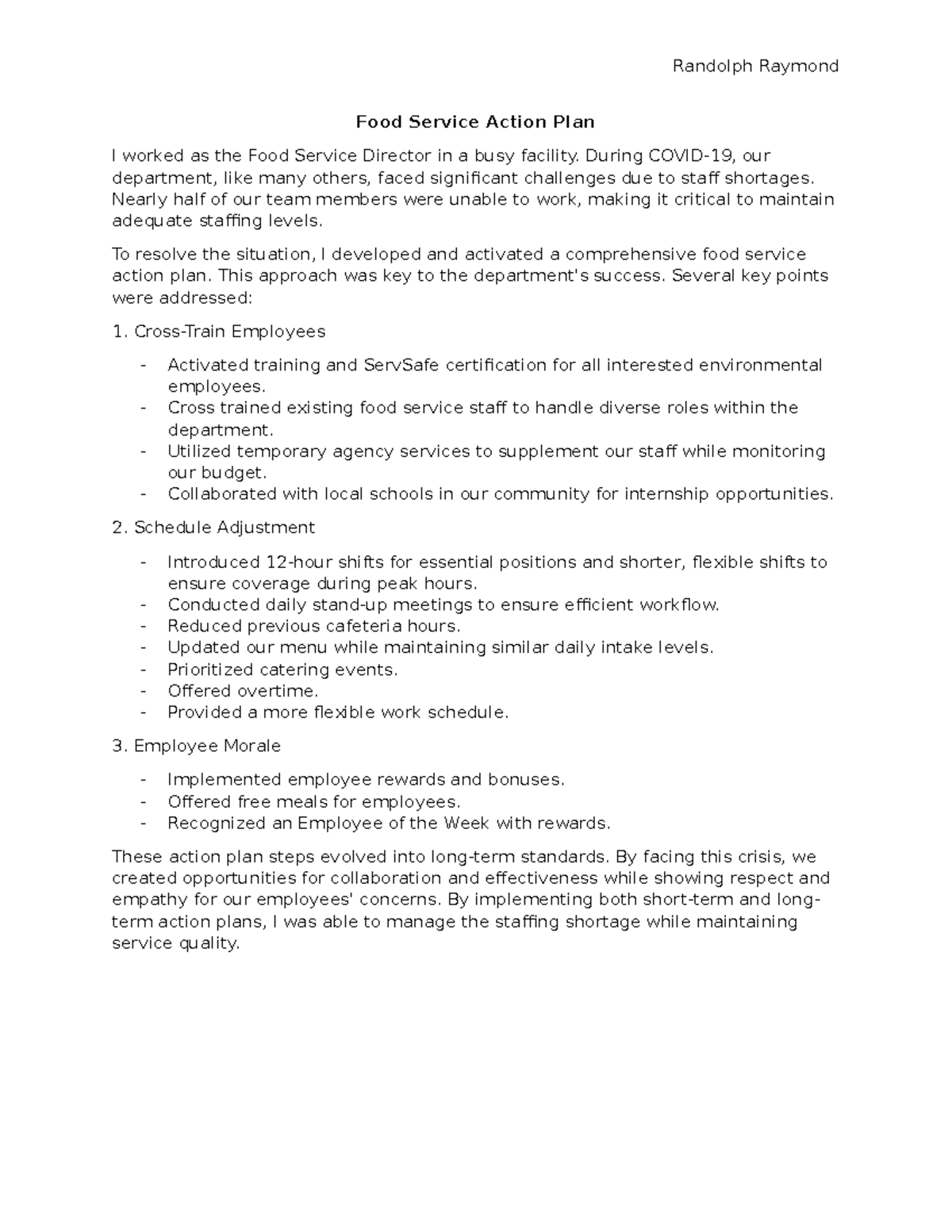 Food Service Action Plan - Randolph Raymond Food Service Action Plan I ...