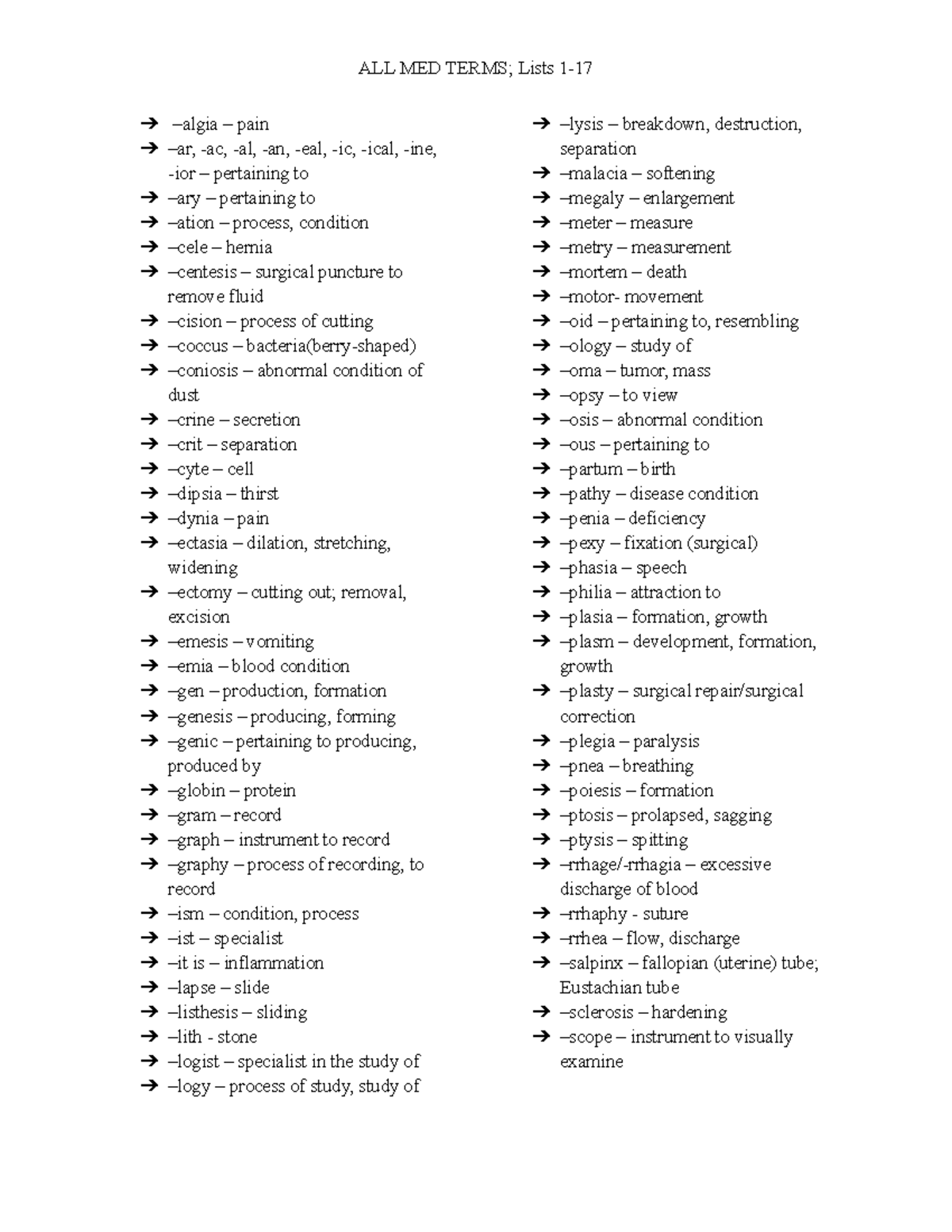 ALL MEDICAL Terms - –algia – pain –ar, -ac, -al, -an, -eal, -ic, -ical ...