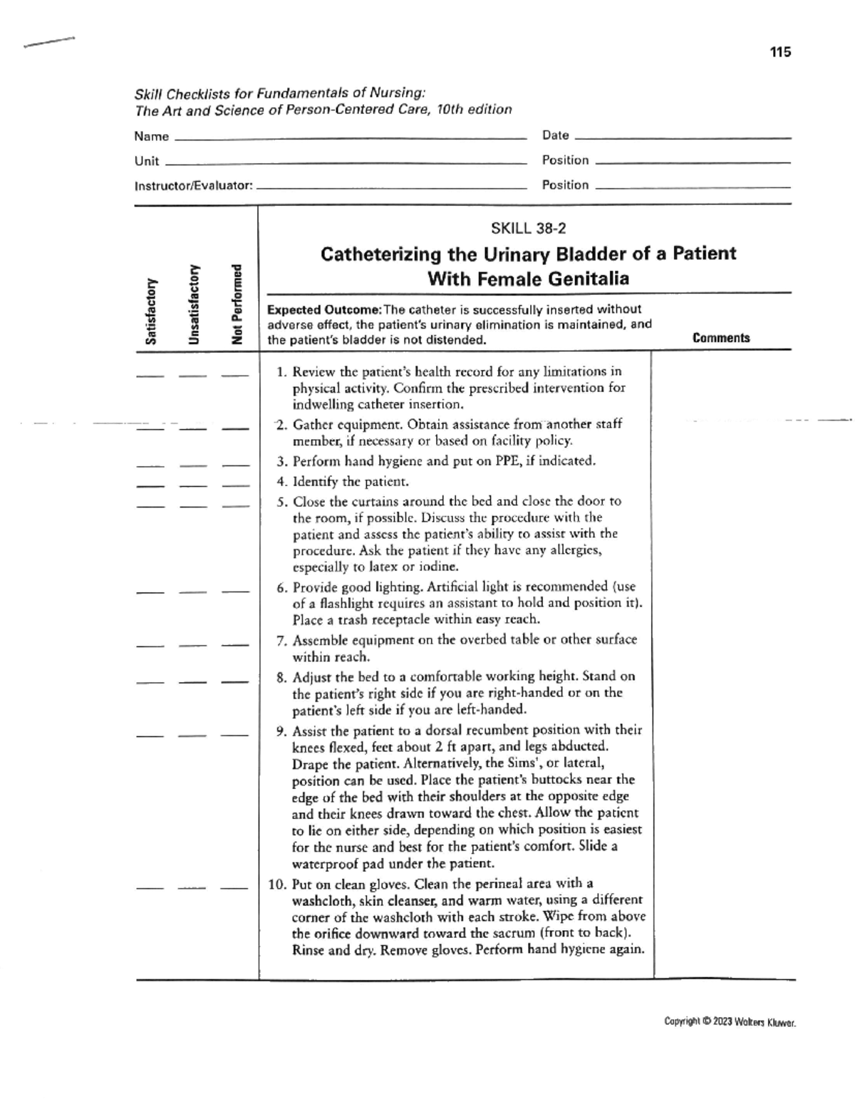 Inserting a catheter - 115 Skill Checklists for Fundamentals of Nursing ...