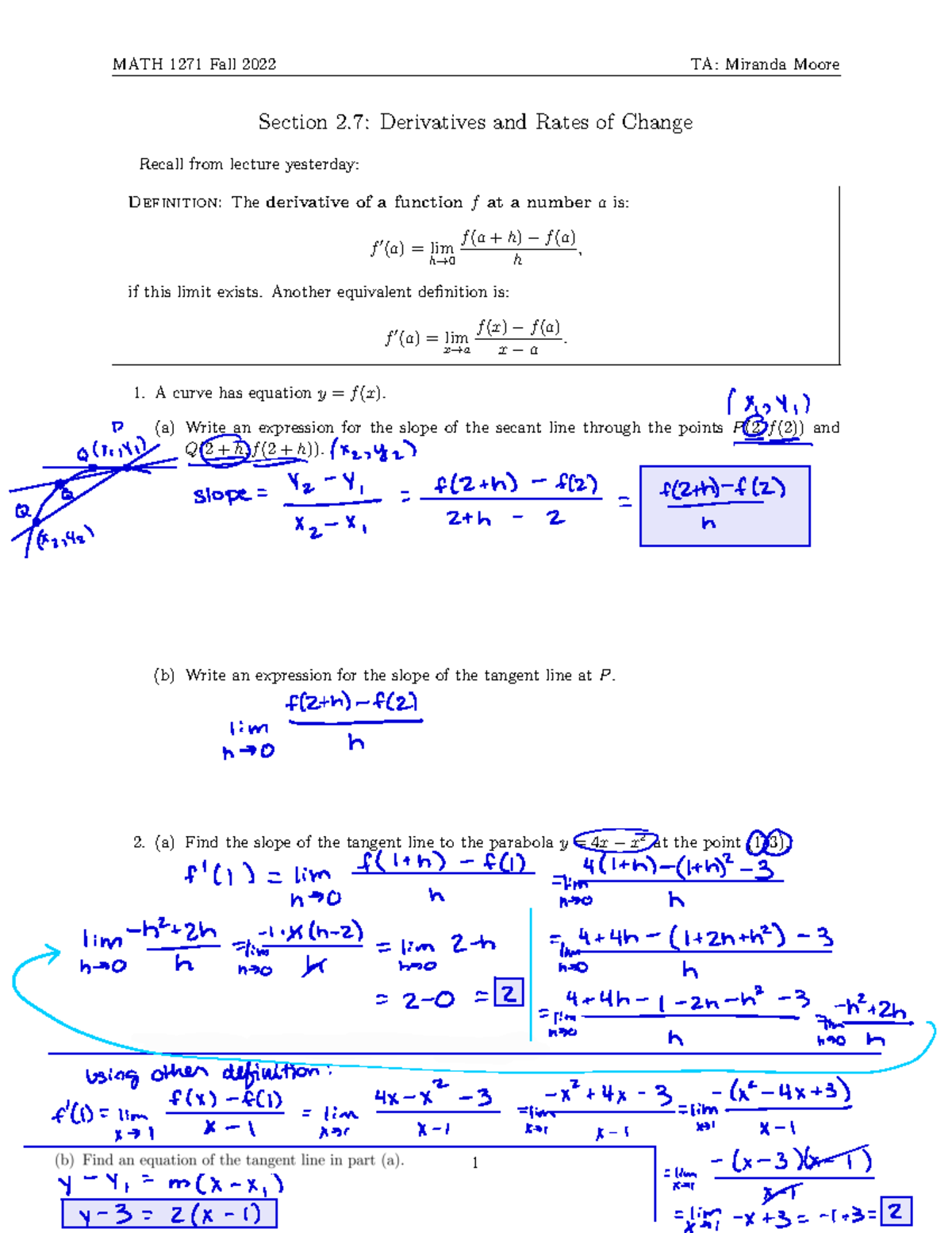 2.7 worksheet solutions - MATH 1271 Fall 2022 TA: Miranda Moore Section ...