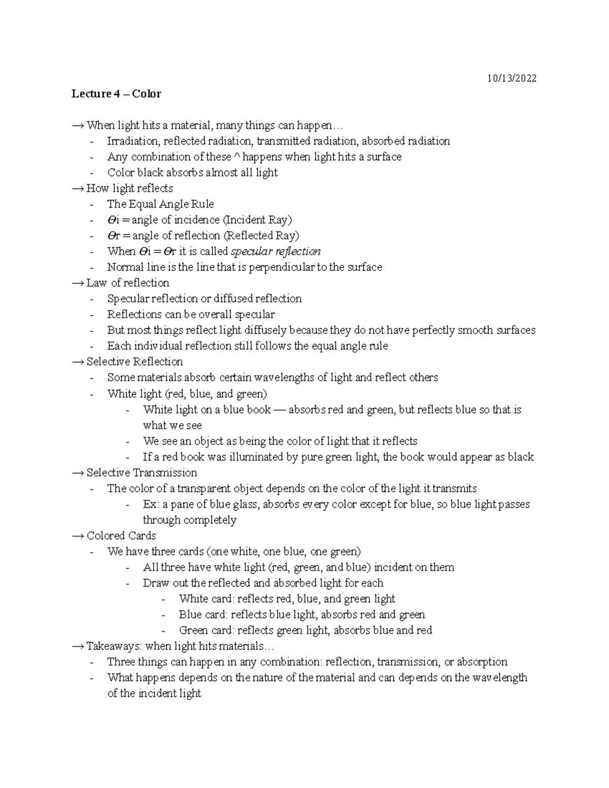 Lecture 4 - Color - 10/13/ Lecture 4 – Color → When light hits a ...